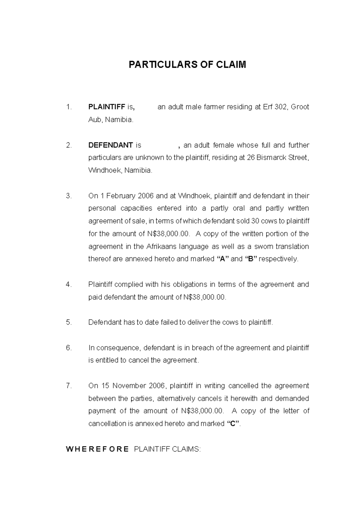 29 Example Particulars OF Claim Cancellationdoc - PARTICULARS OF CLAIM ...