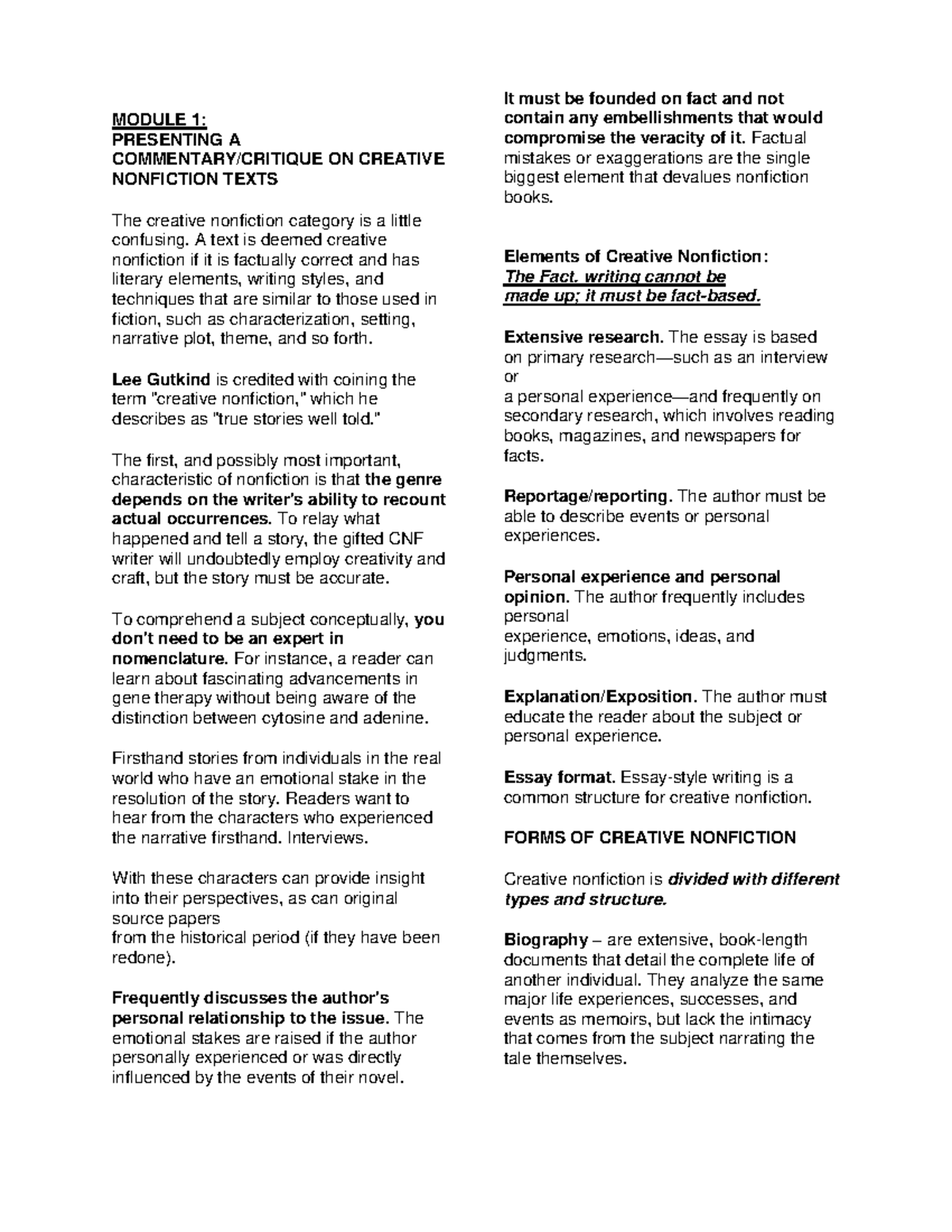 Creative Writing Non Fiction - MODULE 1: PRESENTING A COMMENTARY ...