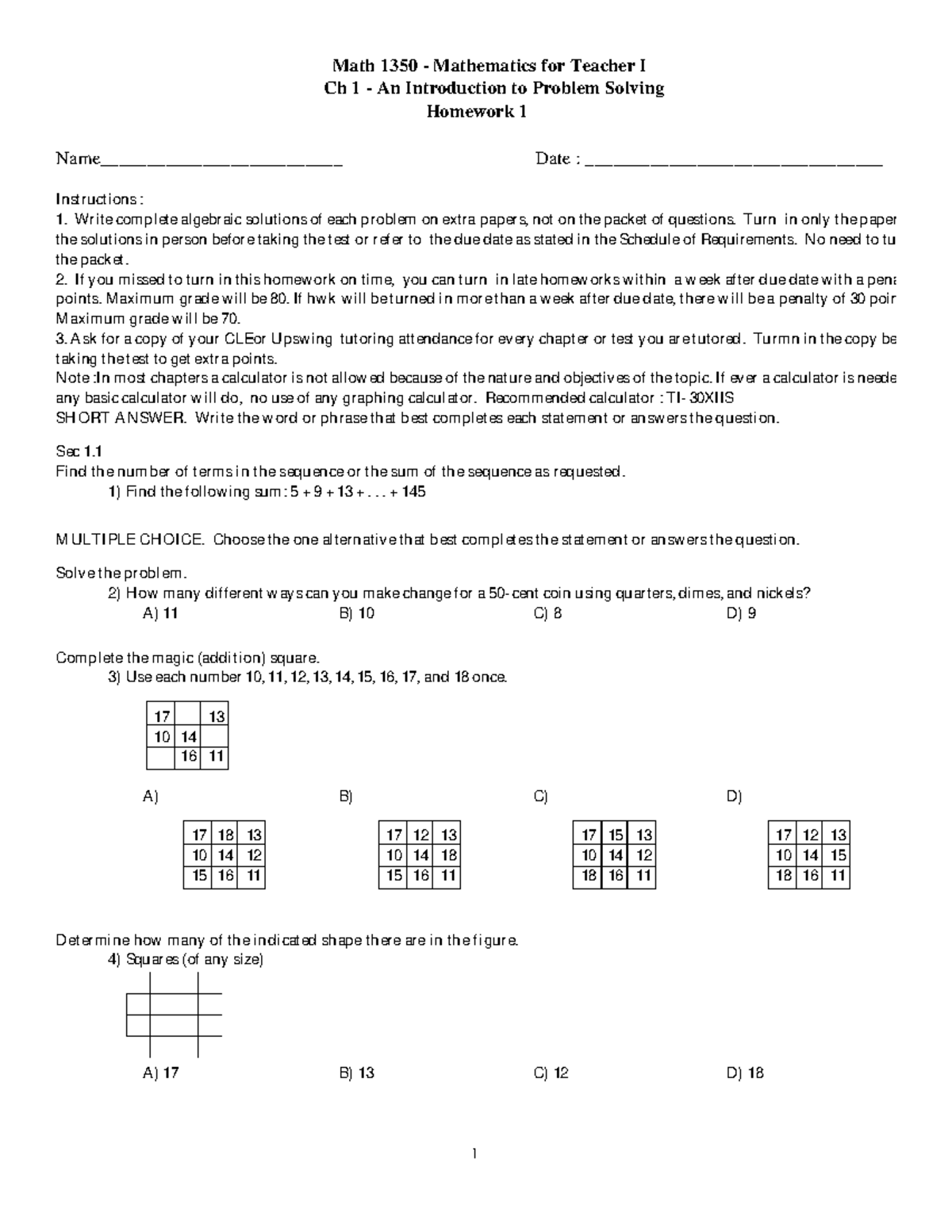 Math 1350- V - Billstein- Hwk 1 - Ch 1 - Spring 2022 - Math 1350 ...
