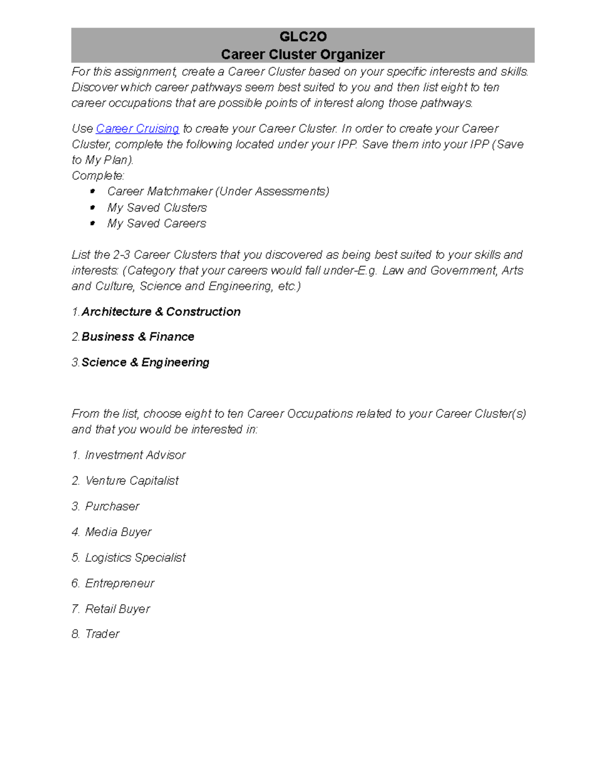 Career Cluster Organizer 2015 - GLC2O Career Cluster Organizer For this ...
