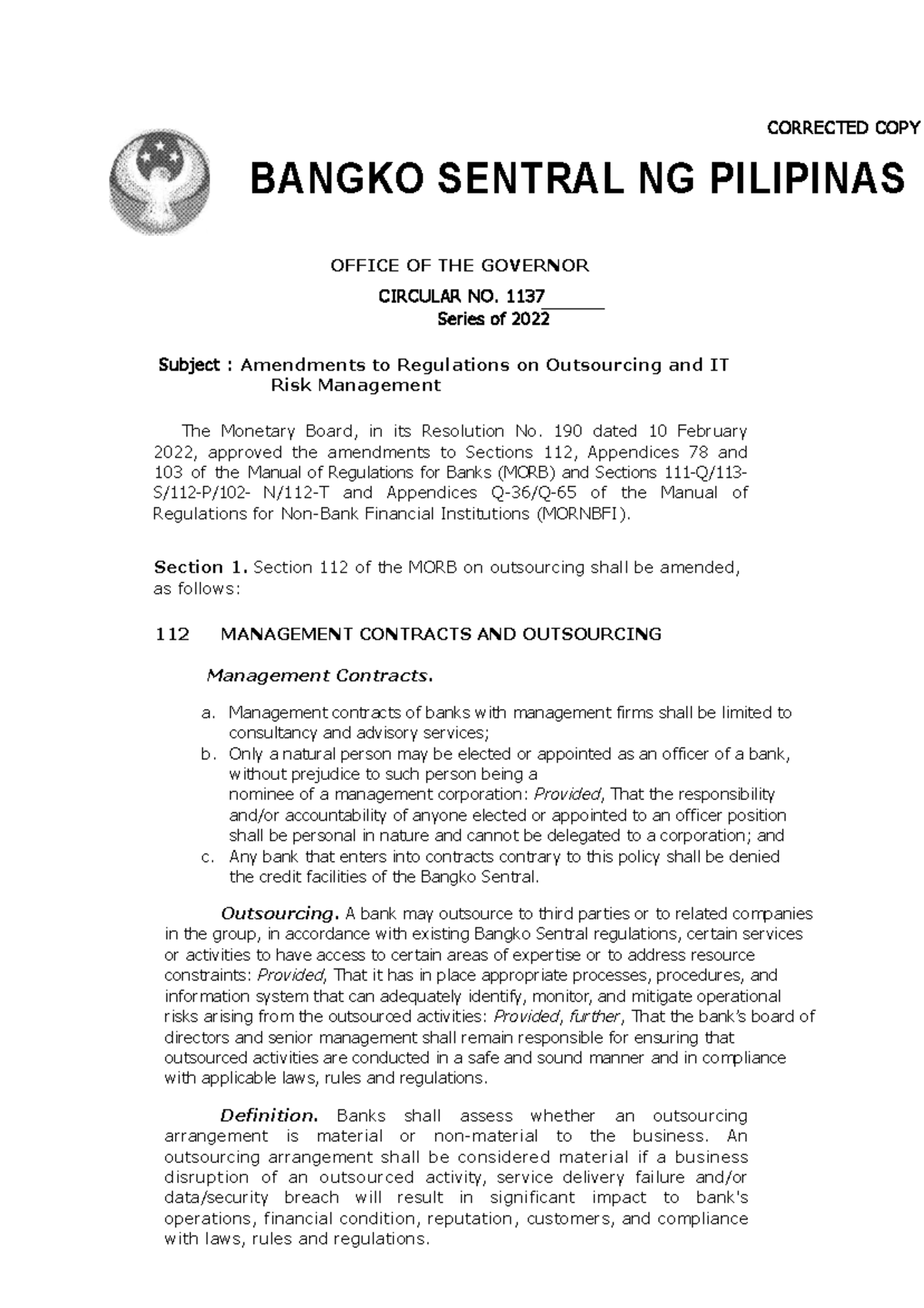 BSP Cir. 1137 S. 2022 (corrected copy) - CORRECTED COPY BANGKO SENTRAL NG PILIPINAS OFFICE OF ...