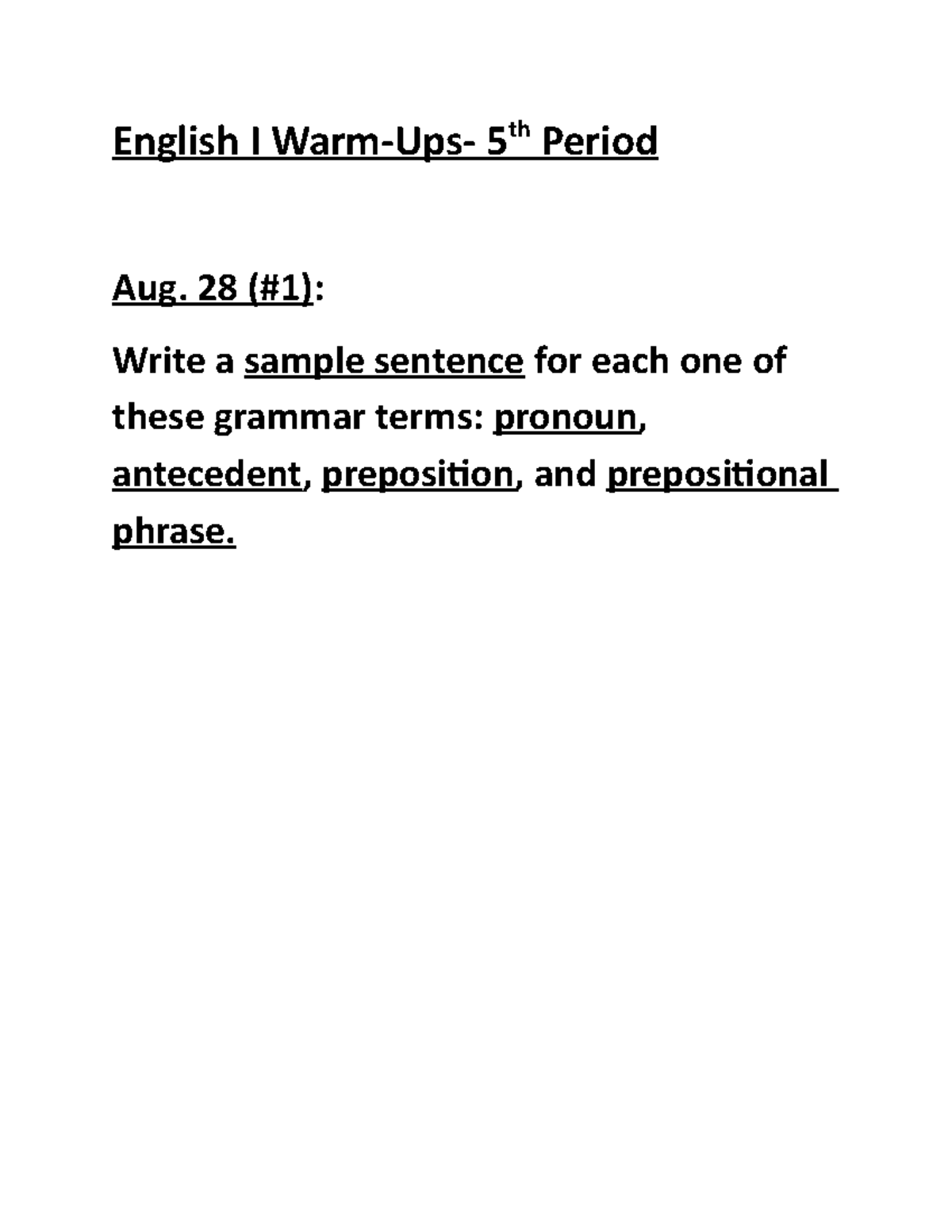English I Warm Ups 5th - 28 (#1): Write a sample sentence for each one ...