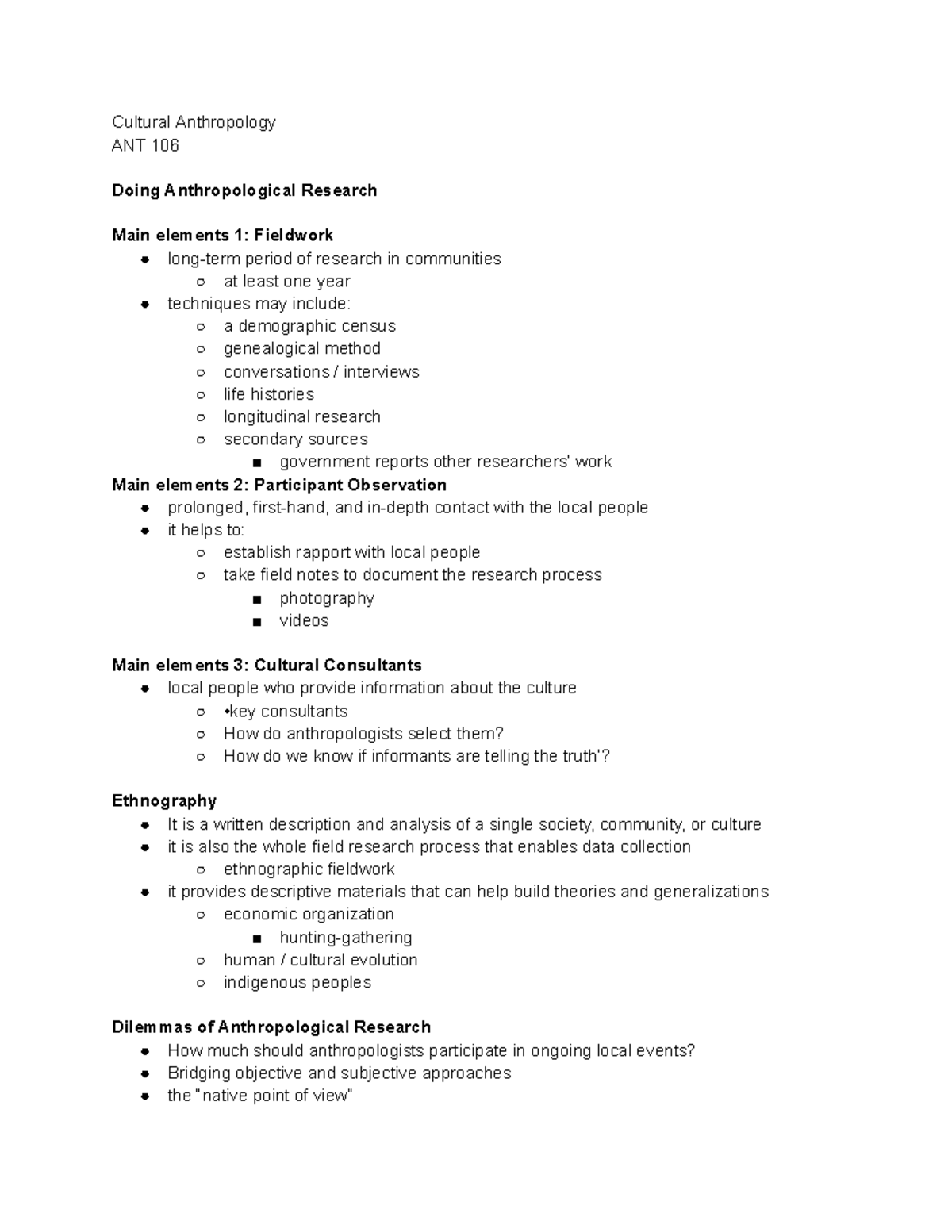 Anthro 3 - Cultural Anthropology ANT 106 Doing Anthropological Research ...
