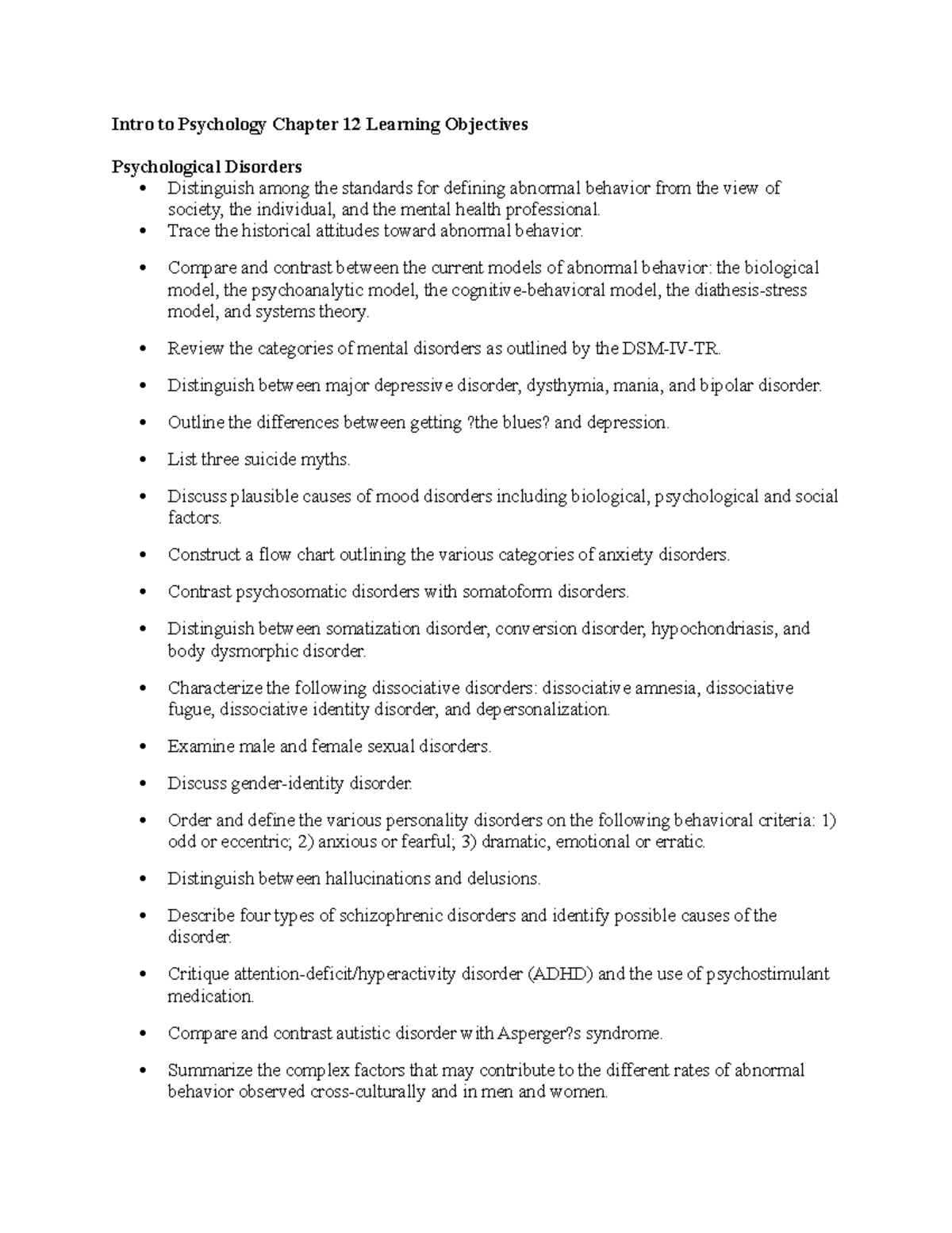 Intro to Psychology Chapter 12 Learning Objectives - Intro to ...
