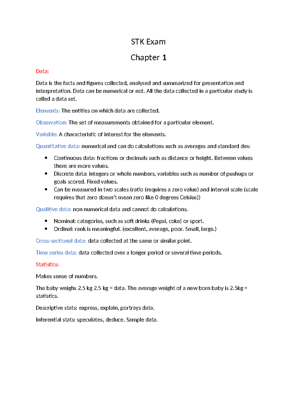 Stk110 cheat sheet - STK Exam Chapter 1 Data: Data is the facts and ...