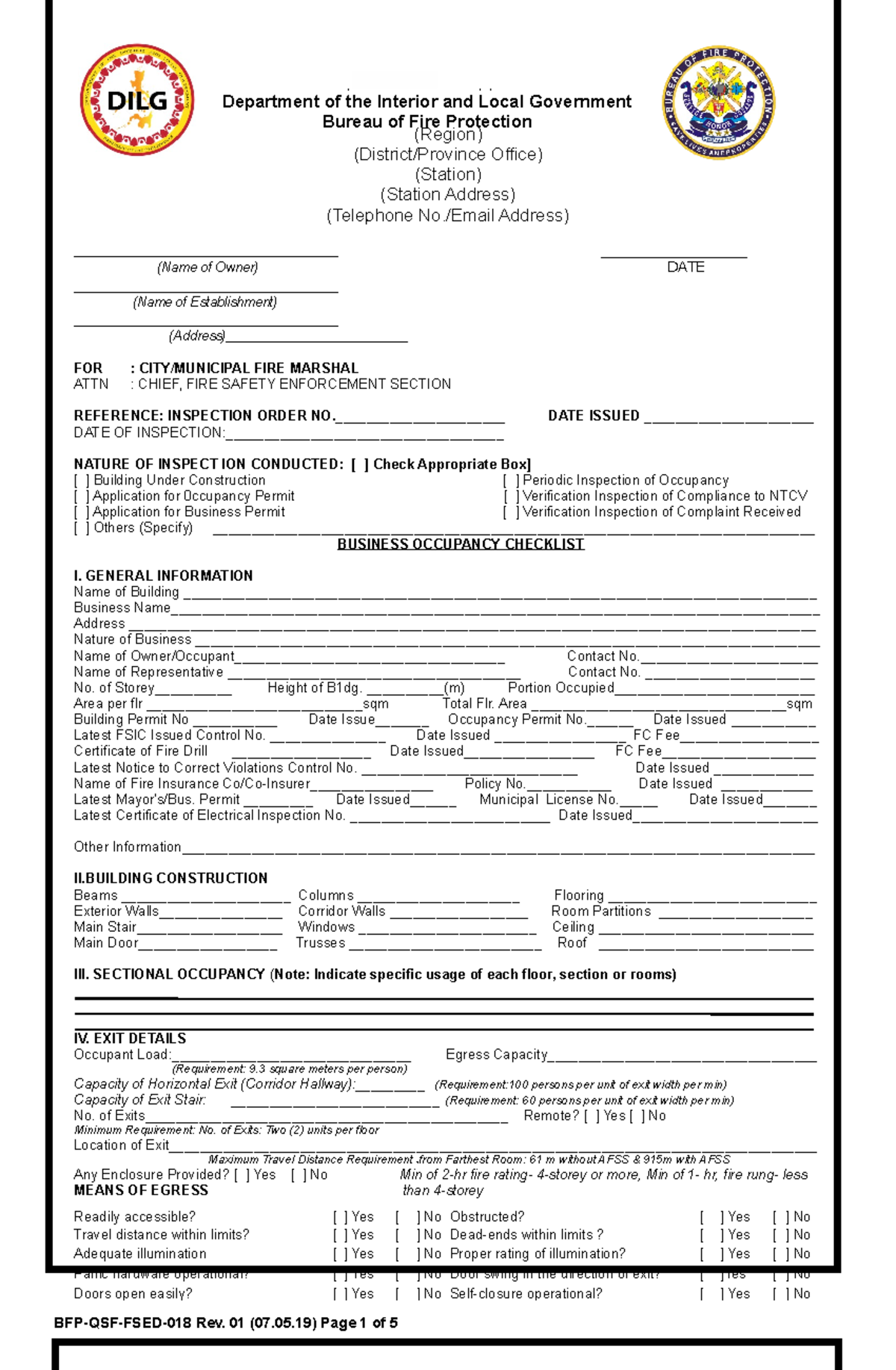 FSED 018 Checklist Business Occupancy REV 1 - Department of the ...