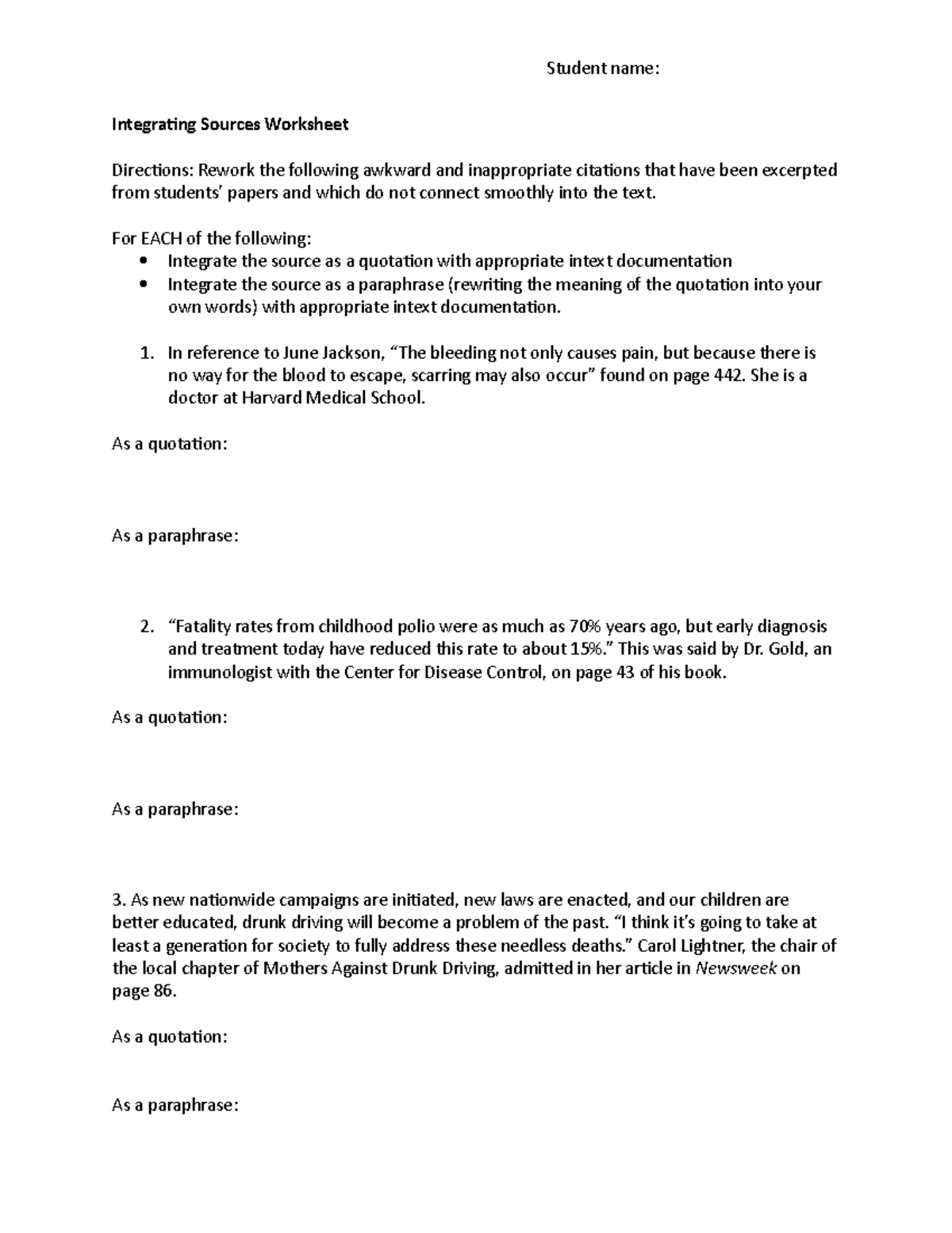 Integrating Sources Worksheet - Student name: Integraing Sources ...
