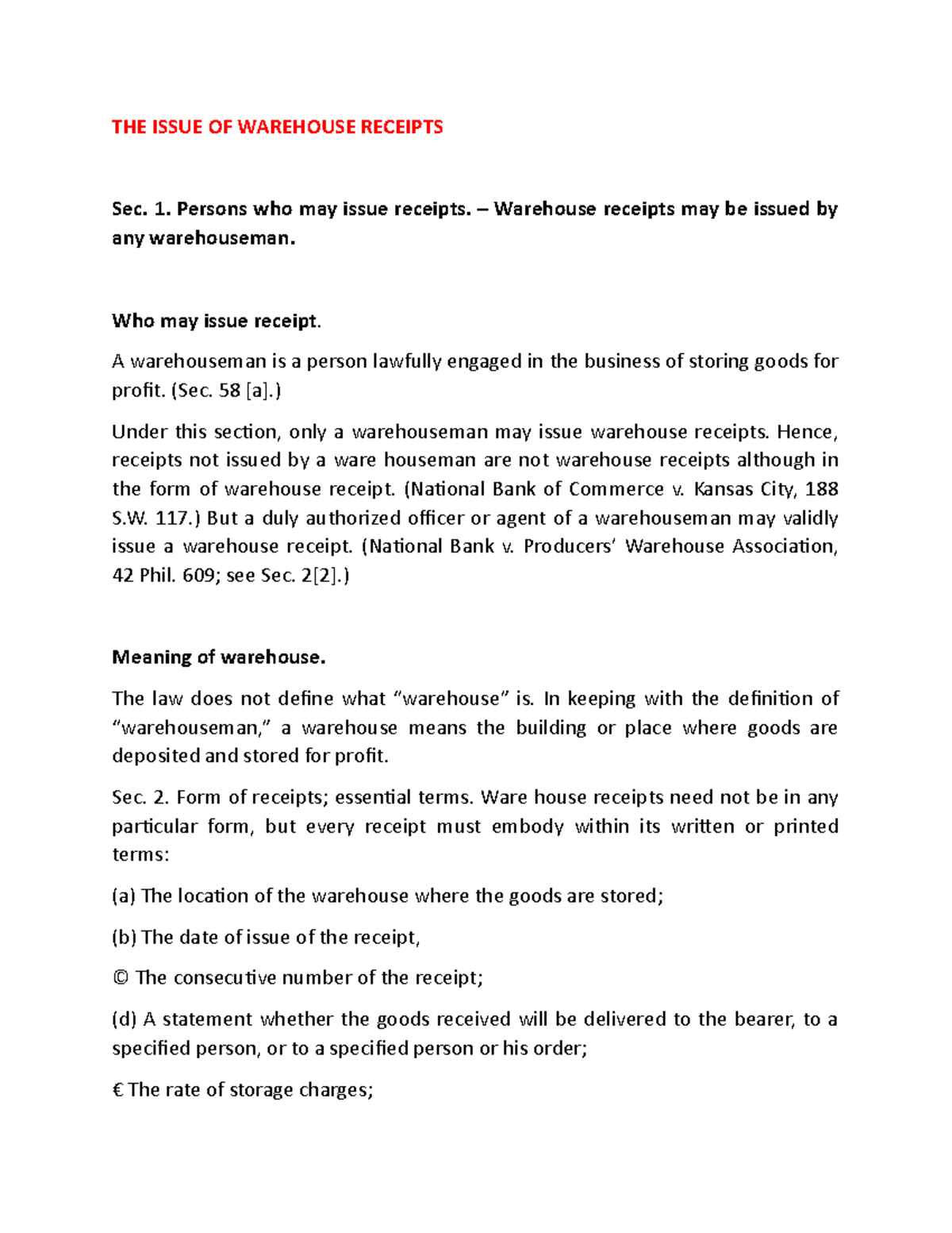 The Issue of Warehouse Receipts - THE ISSUE OF WAREHOUSE RECEIPTS Sec ...