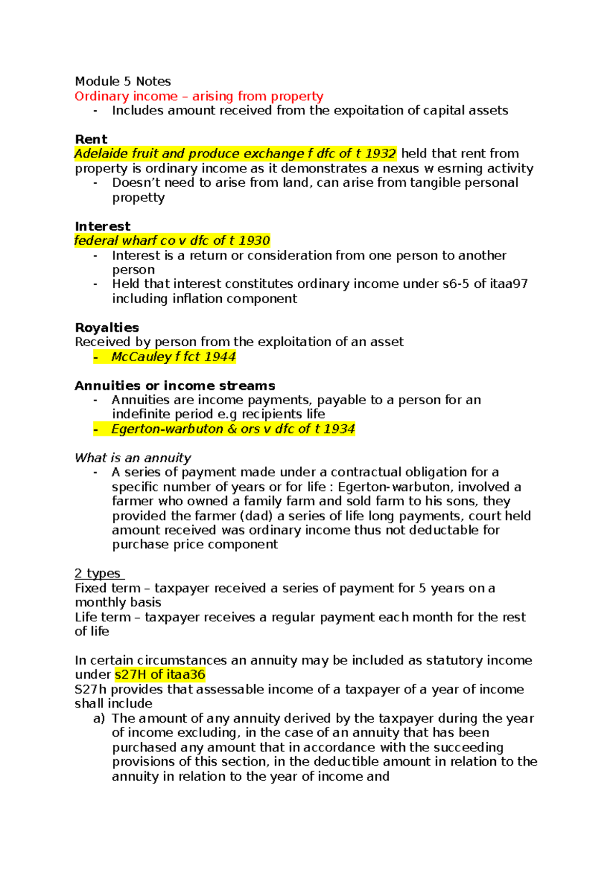 Module 5 Notes - Module 5 Notes Ordinary income – arising from property ...