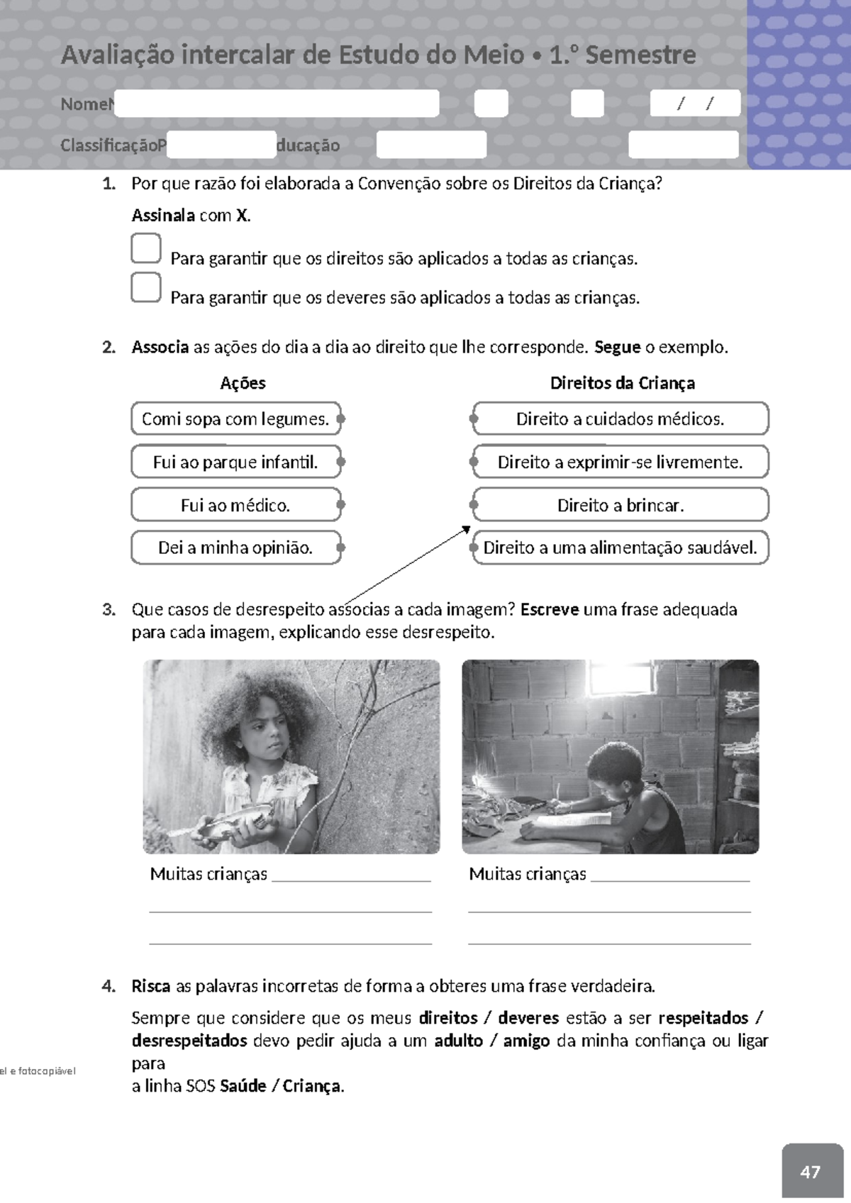 Avaliação intercalar de Estudo do Meio - 1.º Semestre 3º ano - NomeN ...