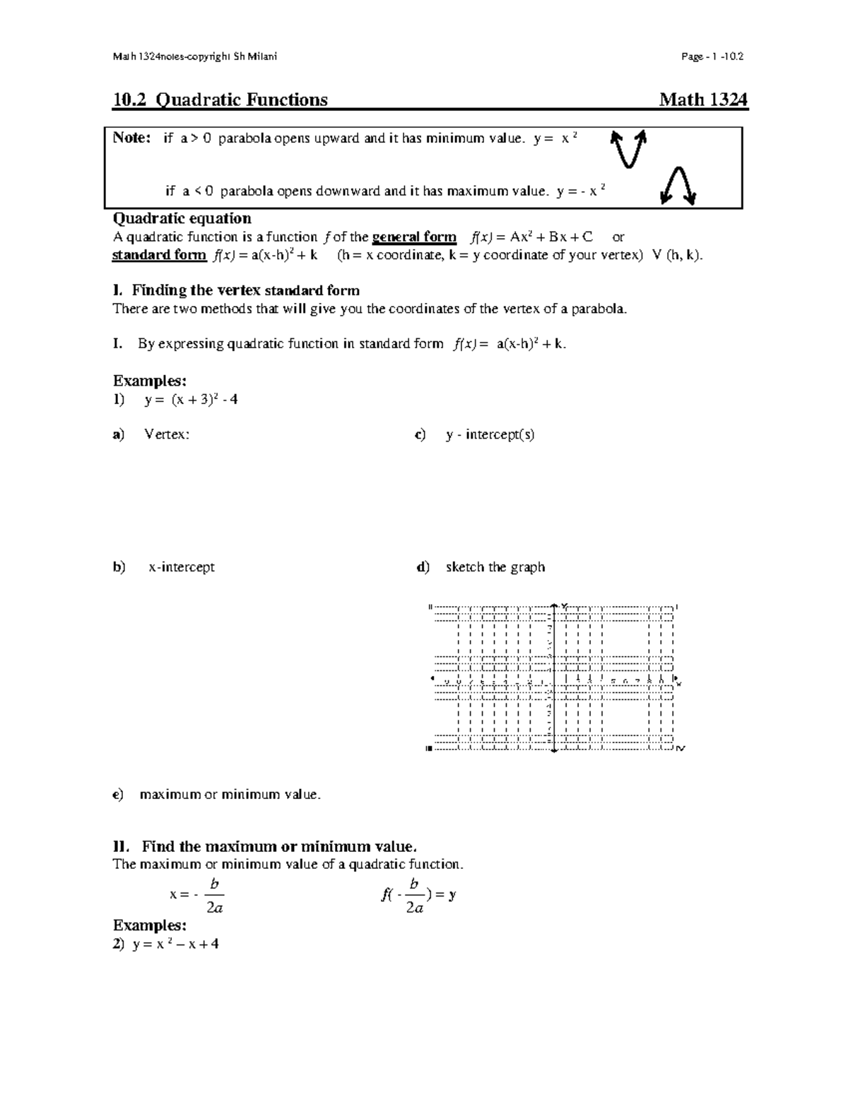 Math - 1324 10.2 Notes - 10 Quadratic Functions Math 1324 Quadratic ...