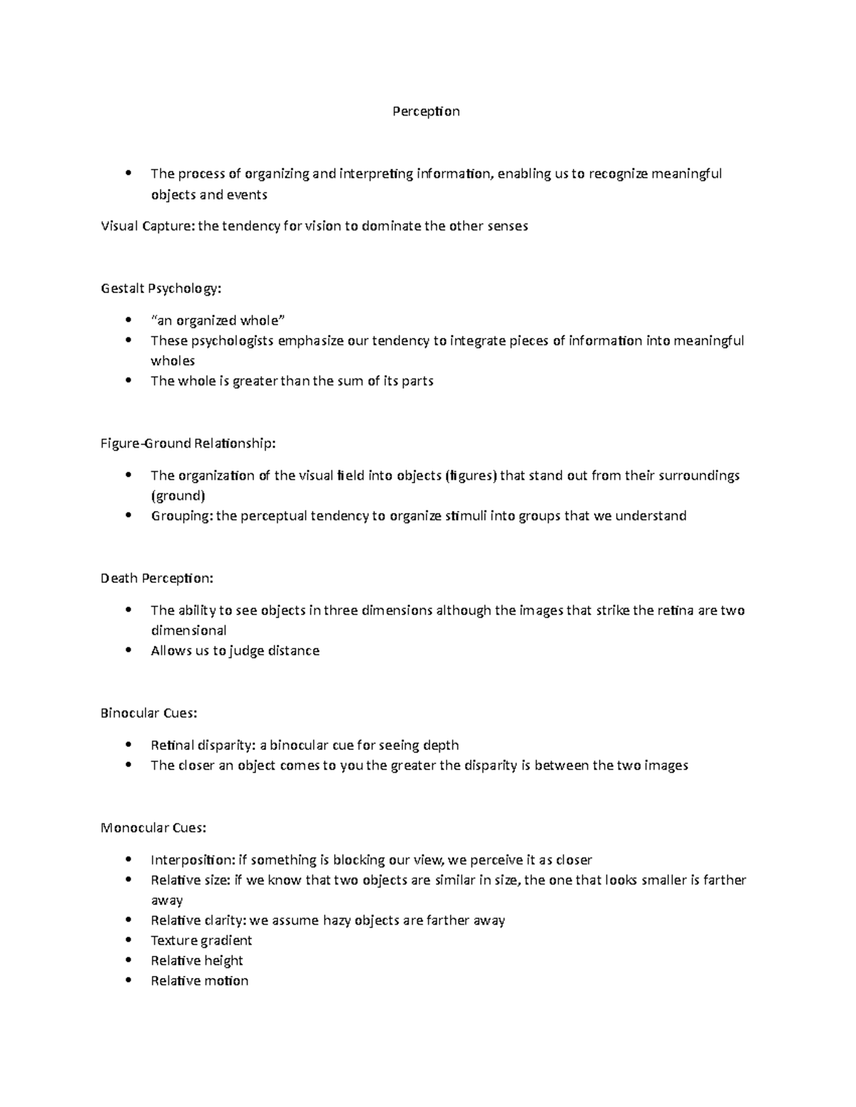 AP Perception Notes - Perception The process of organizing and ...