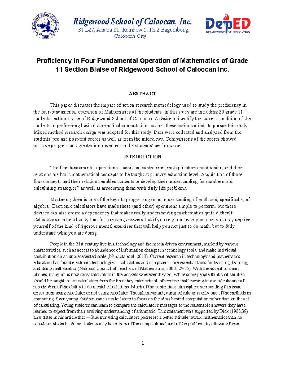 Action Research Proficiency In Four Fundamental Operation Of