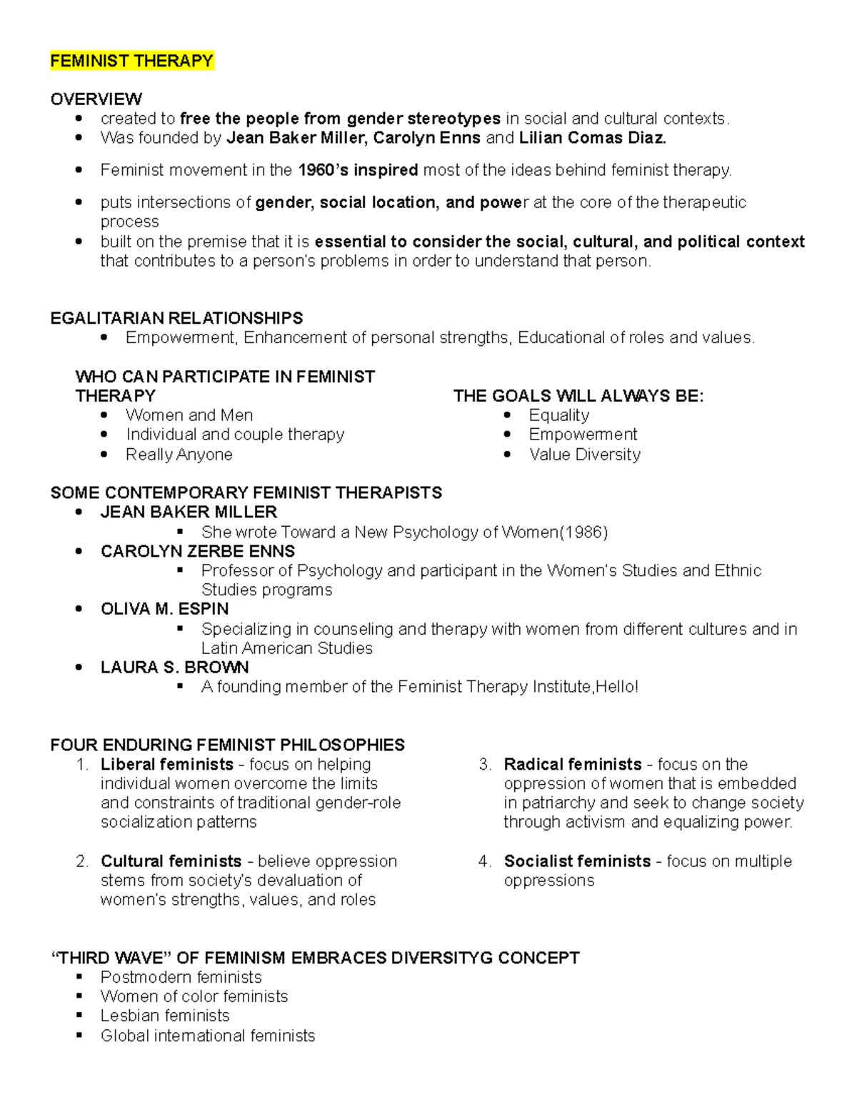 Counseling Psychology Lecture Notes - Feminist Therapy - FEMINIST ...