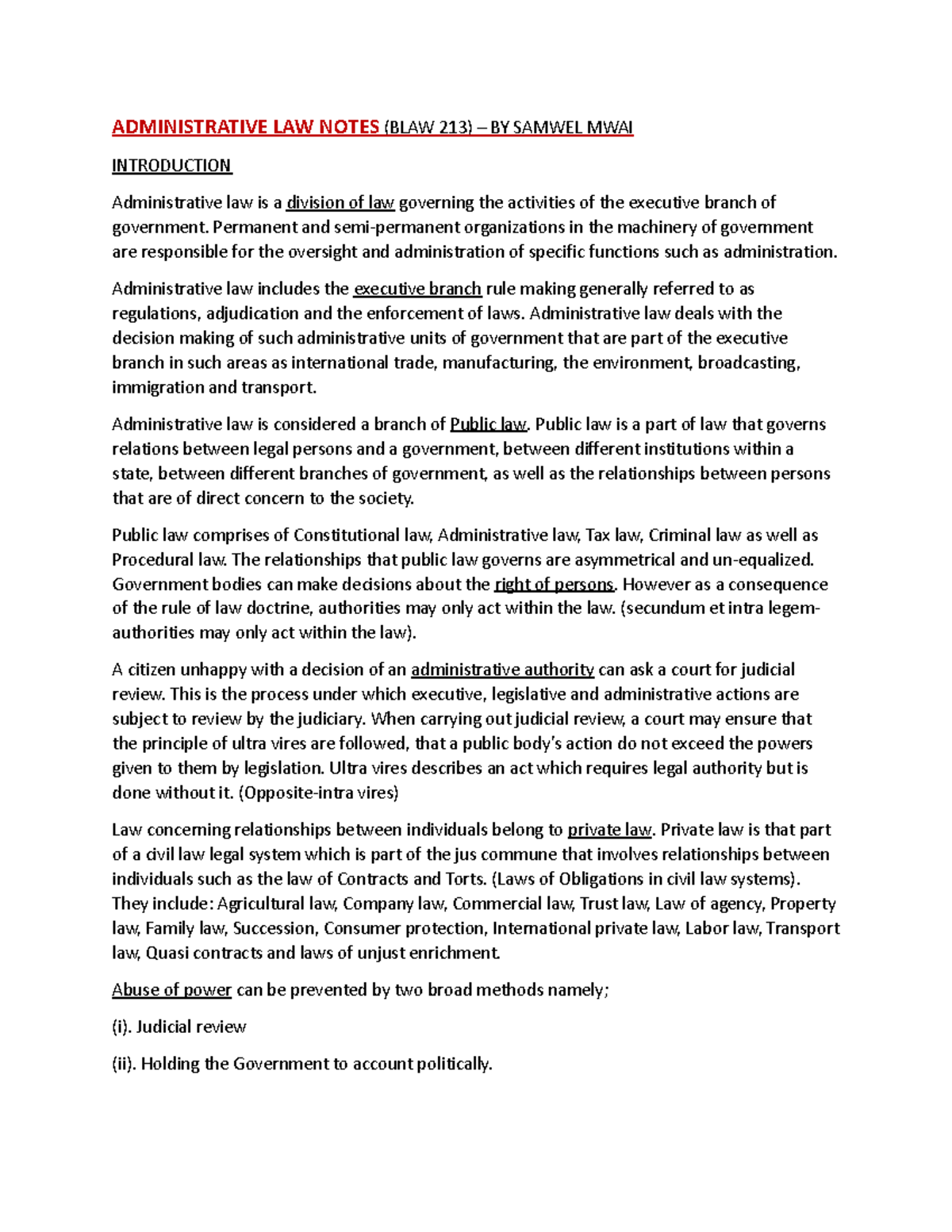 Administrative LAW Notes - ADMINISTRATIVE LAW NOTES (BLAW 213) – BY ...