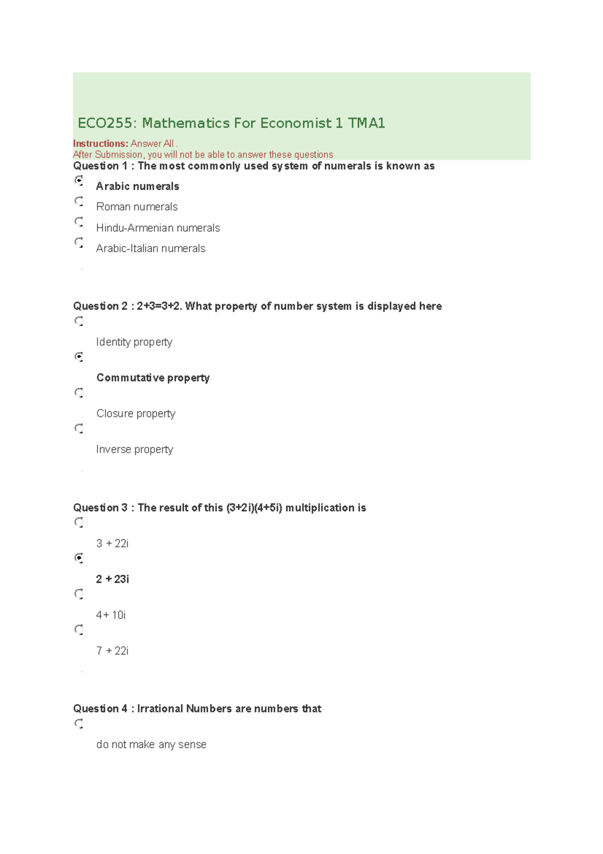 TMA Mathematics for Economics 1 National Open University - ECO255 ...