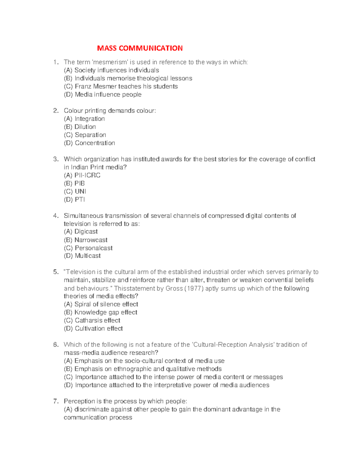 Maas 1 - Mass communication important practice material pdf - MASS ...