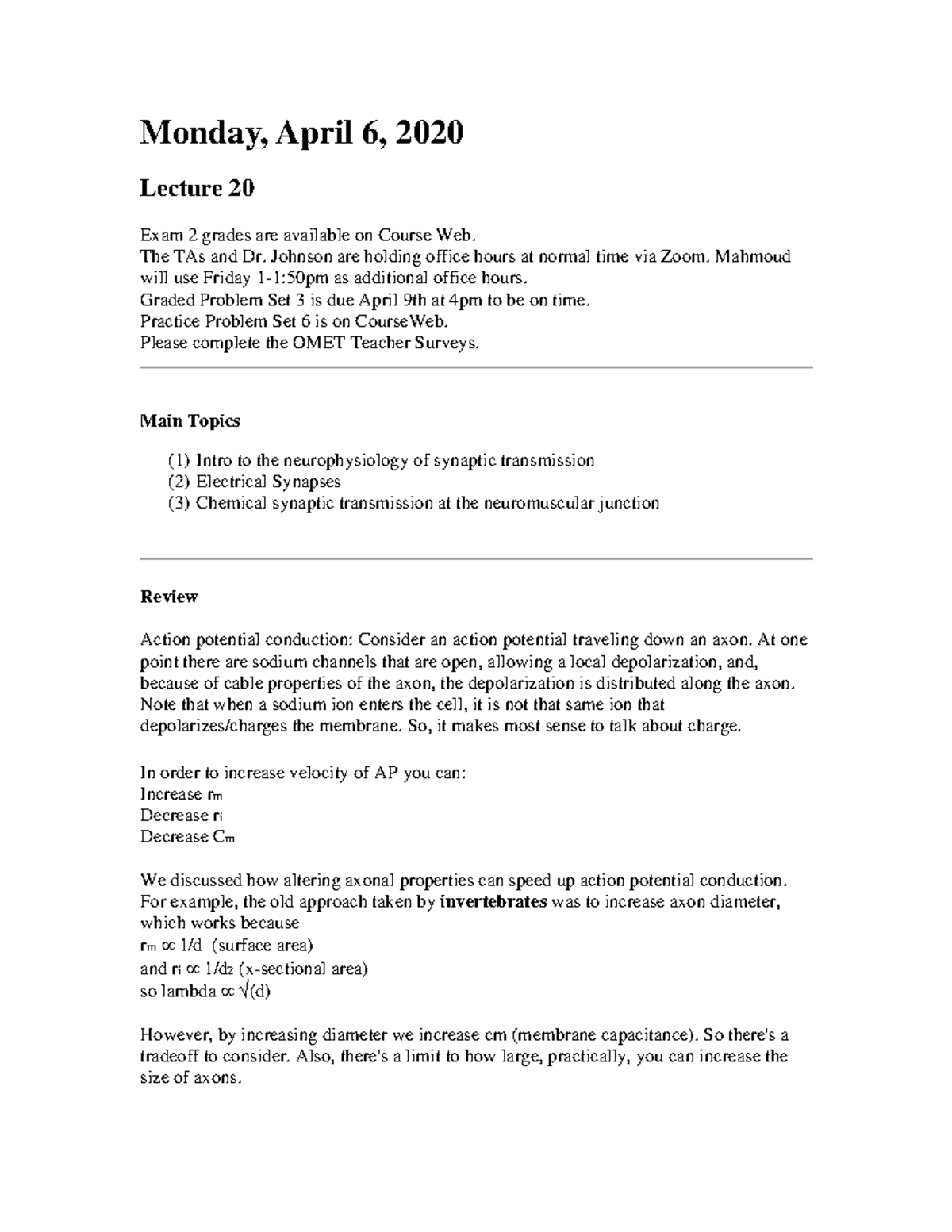 Lecture 20 Neurophysiology - Monday, April 6, 2020 Lecture 20 Exam 2 ...