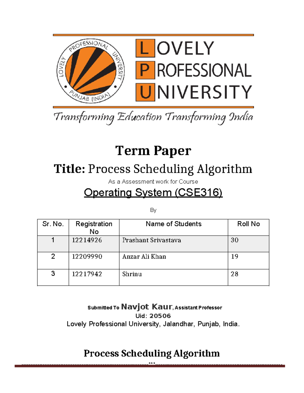 CSE316 Term Paper - Its a mandatory term papar project report - Term ...