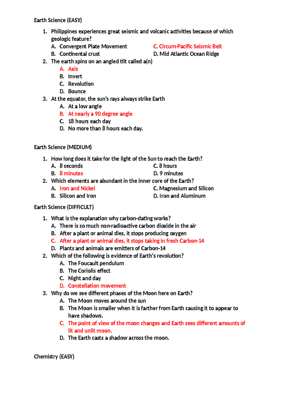 Earth-Science - Earth Science (EASY) 1. Philippines experiences great ...