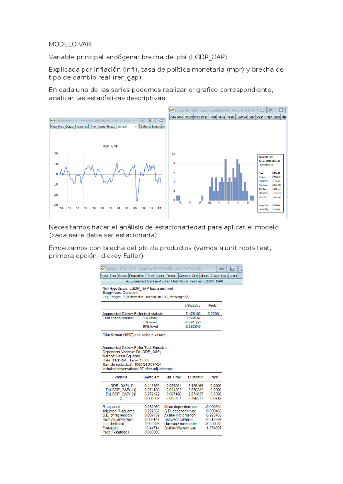 Modelo VAR - MODELO VAR Variable principal endógena: brecha del pbi ...