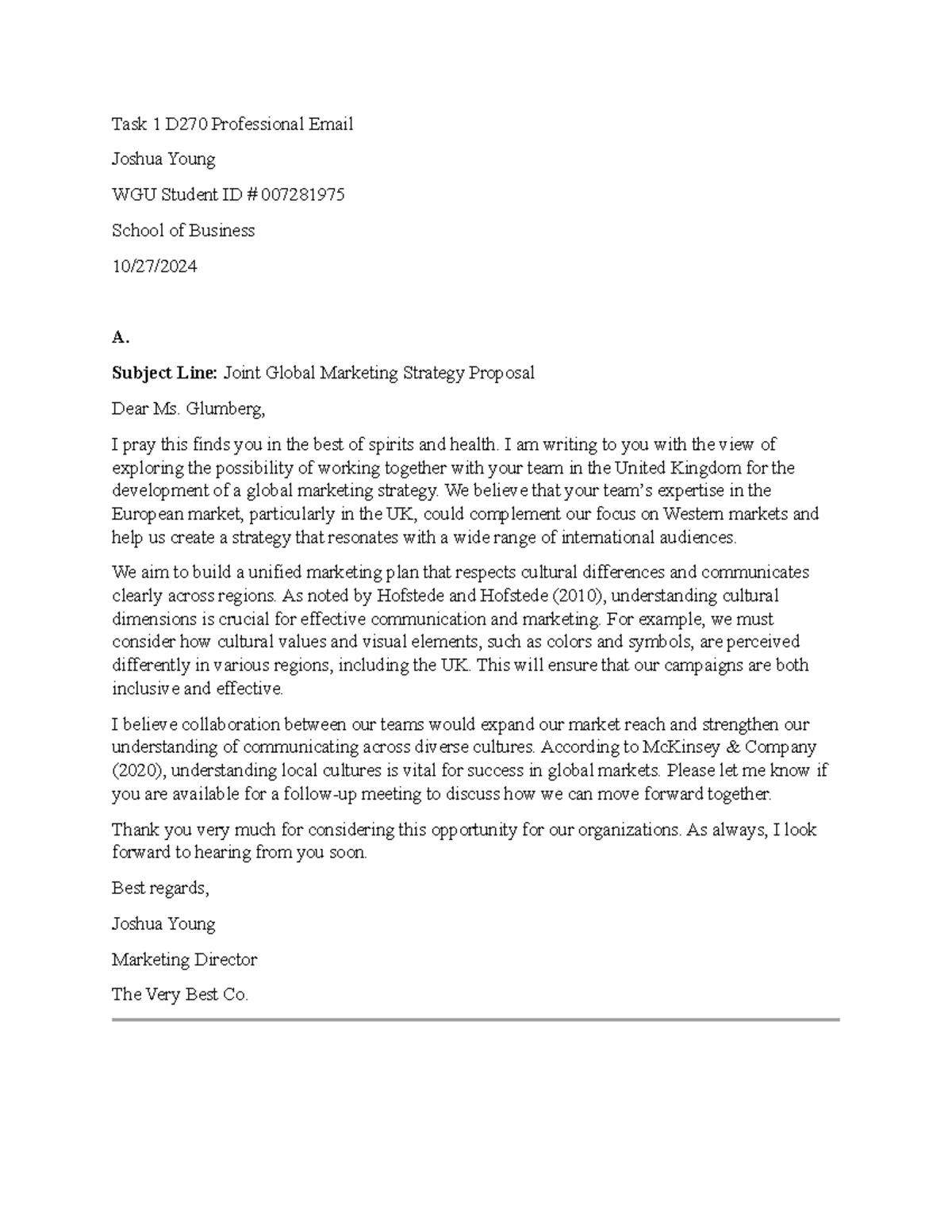 RHM3 Task 1 Professional Email - Task 1 D270 Professional Email Joshua ...