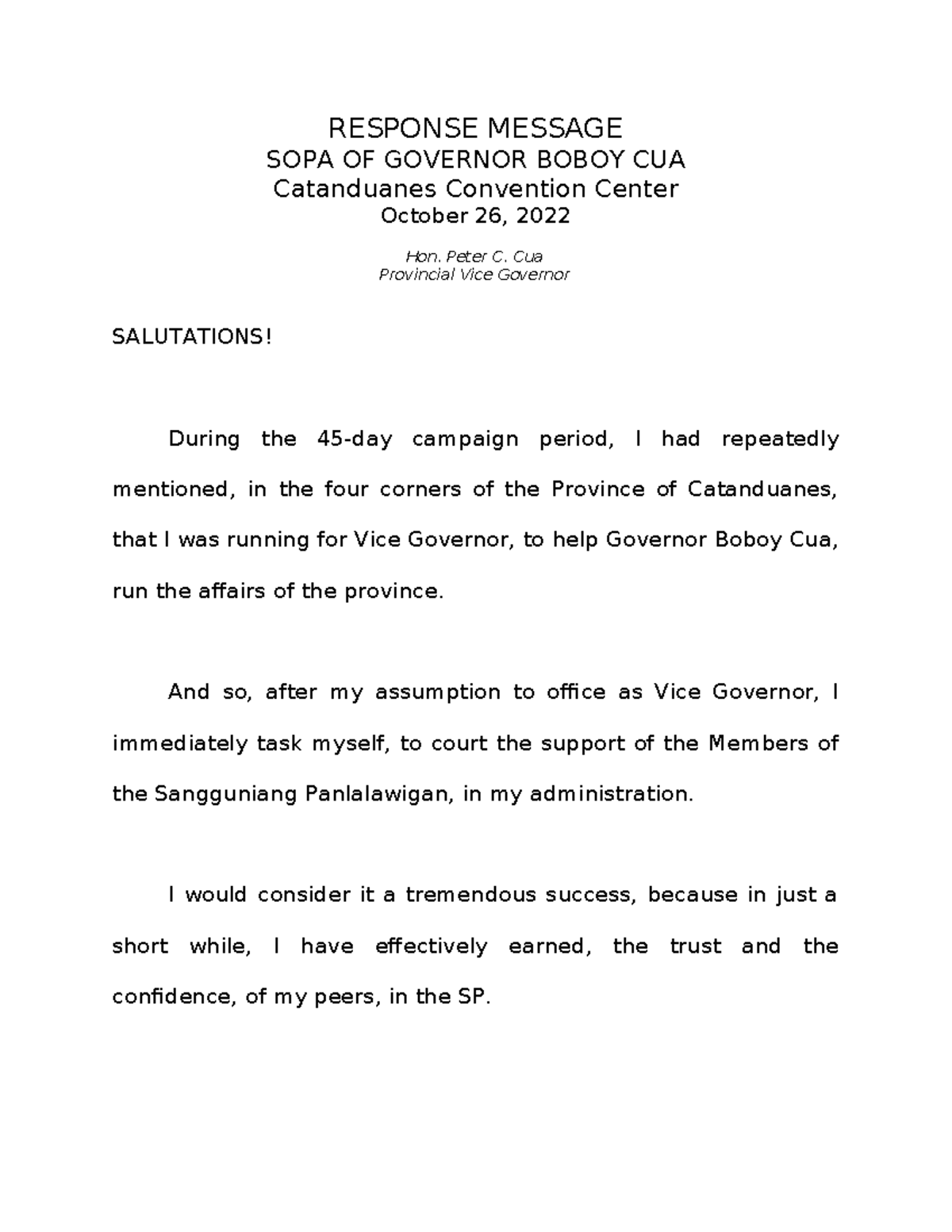 Response Message to the SOPA of the Gov - RESPONSE MESSAGE SOPA OF ...