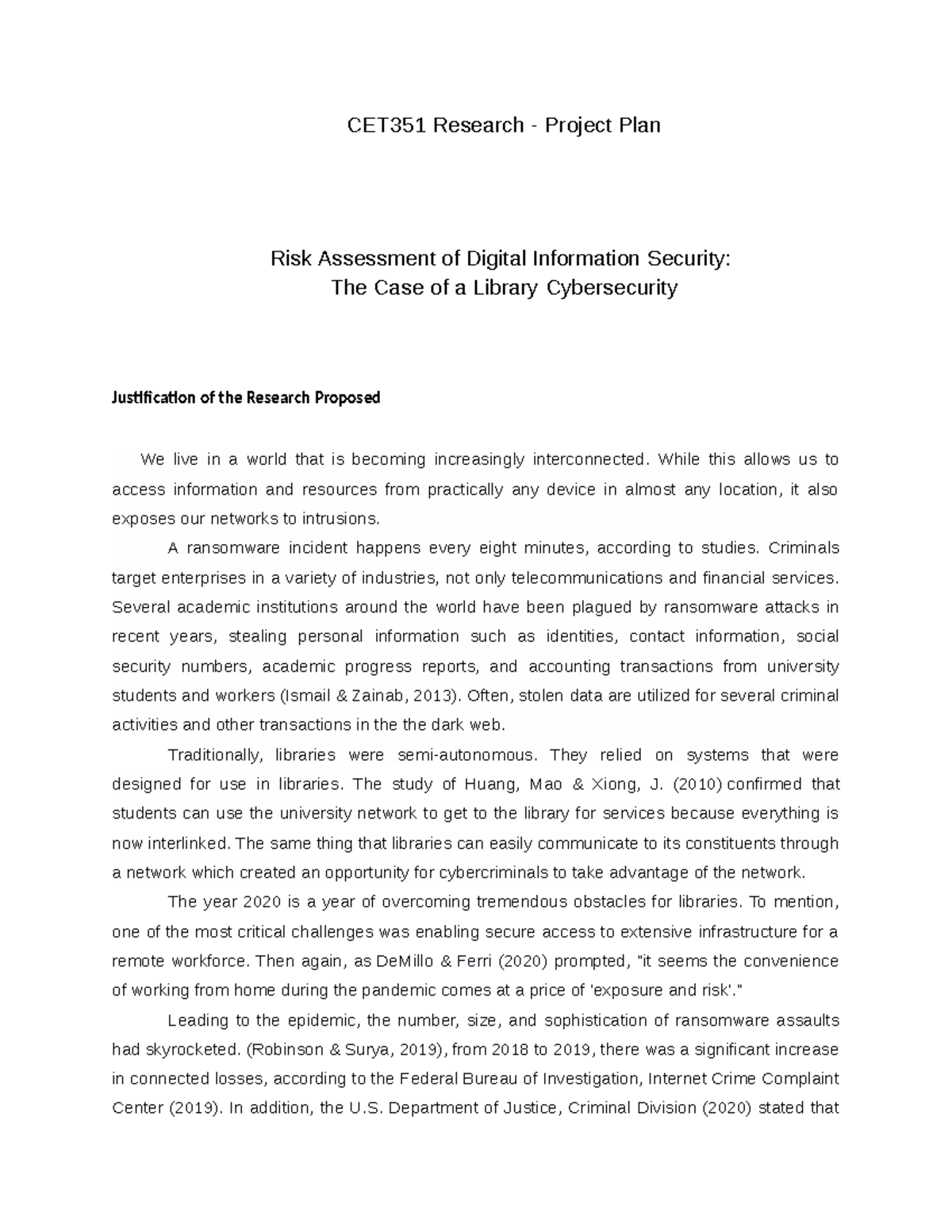 Project Plan Assignment 1 CET351 - CET351 Research - Project Plan Risk ...