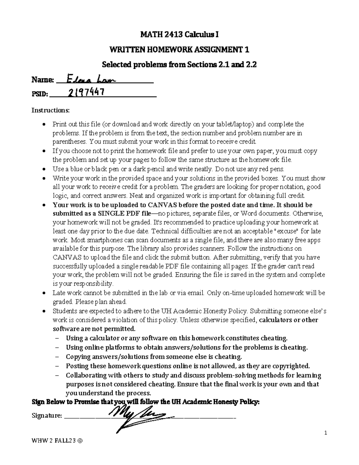 Written Hw 2 complete - 1 MATH 2413 Calculus I WRITTEN HOMEWORK ...