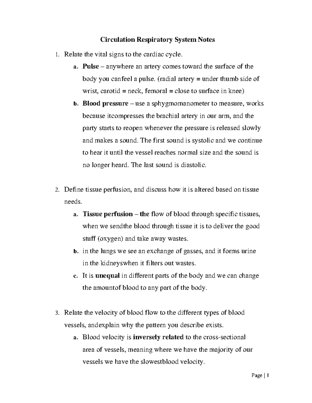 Circulation Respiratory System Notes - Circulation Respiratory System ...
