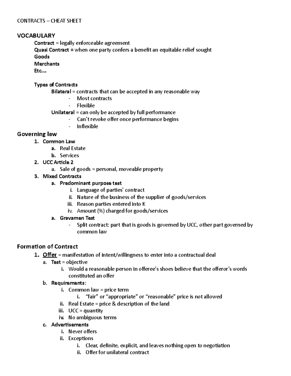 Contracts Cheat Sheet - outline - CONTRACTS – CHEAT SHEET VOCABULARY ...
