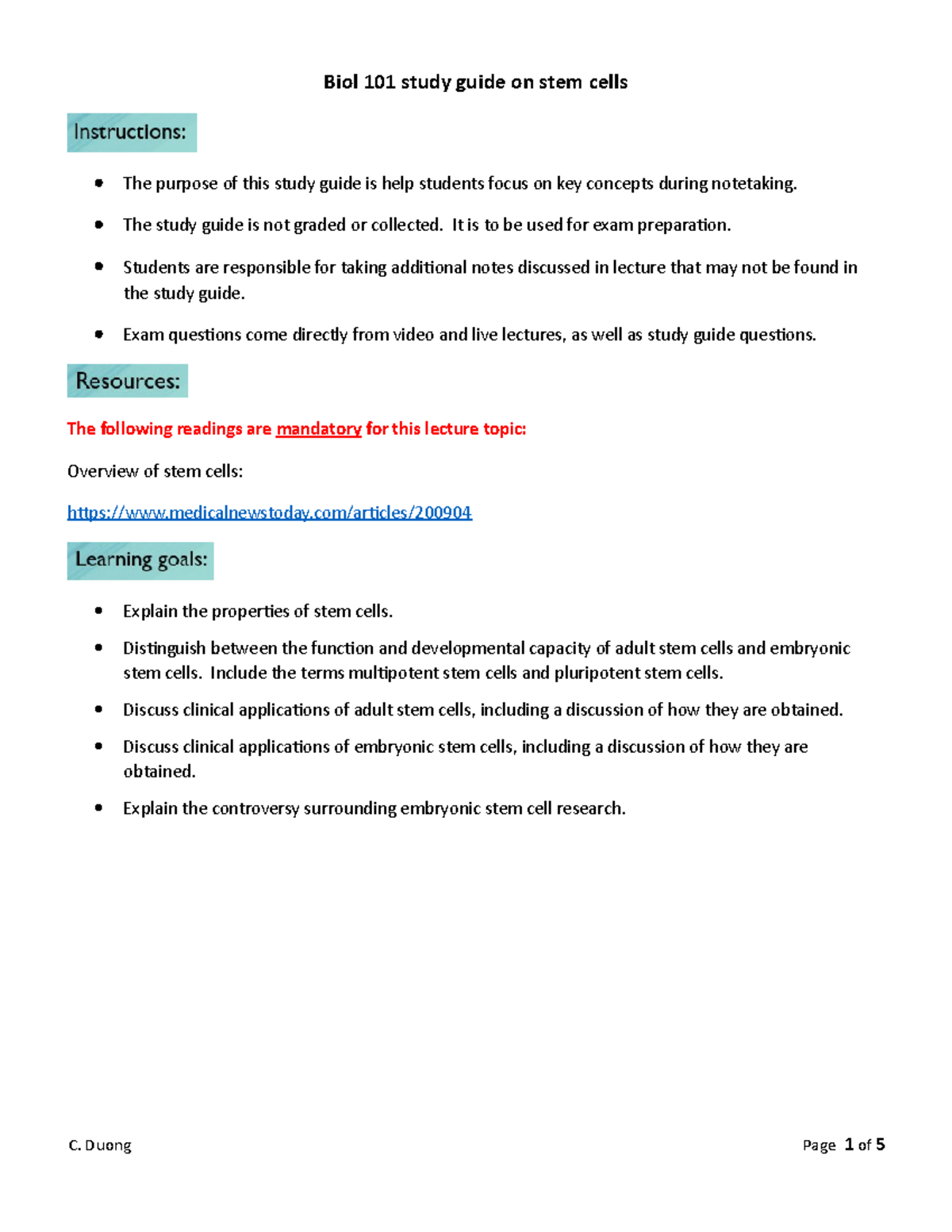 5- Stem cell study guide F22 - Biol 101 study guide on stem cells The ...