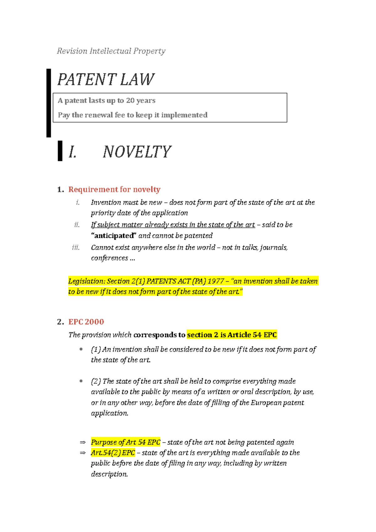 Patent Law - Revision Intellectual Property PATENT LAW I. NOVELTY 1 ...