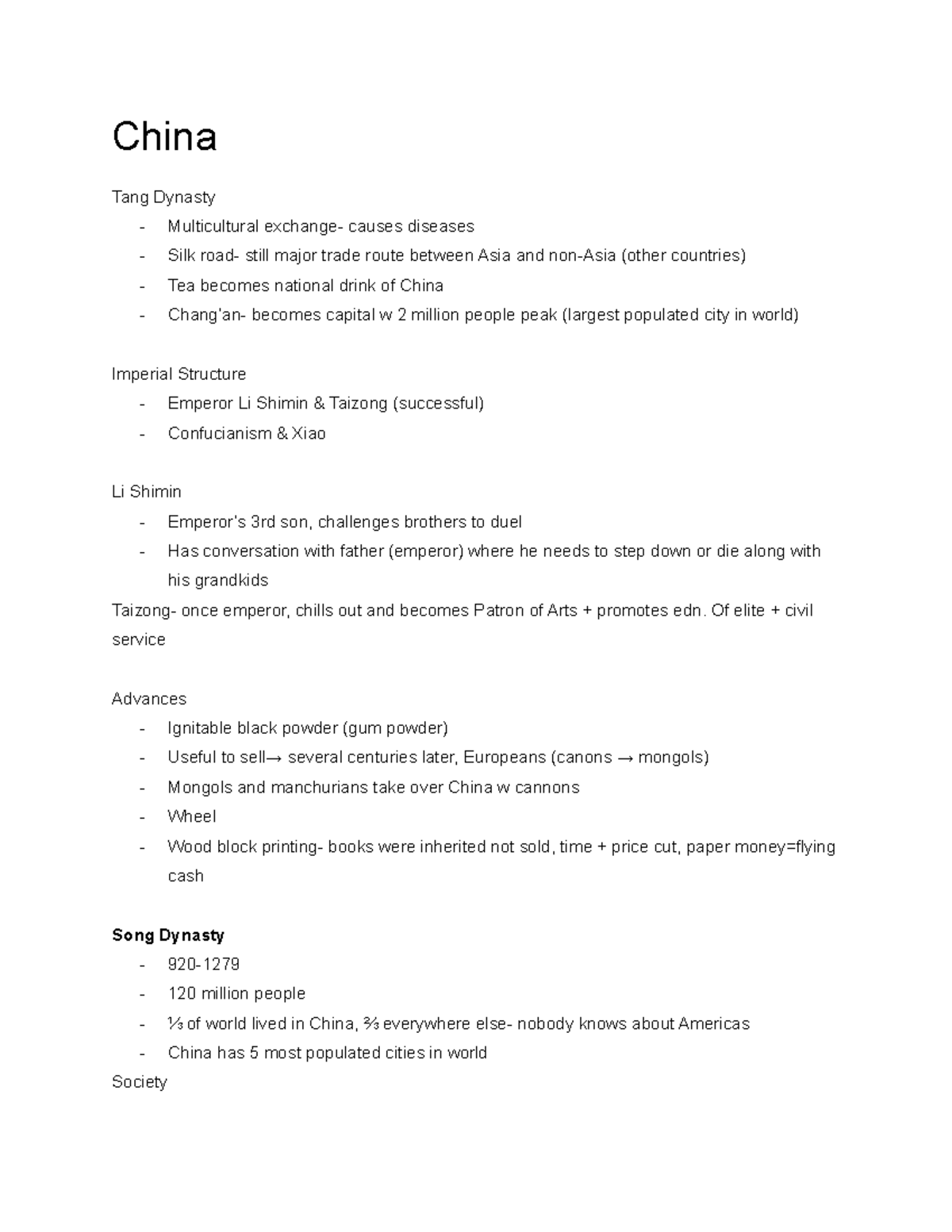 HIST 101 - Test 3 Notes - test 3 study guide - China Tang Dynasty ...
