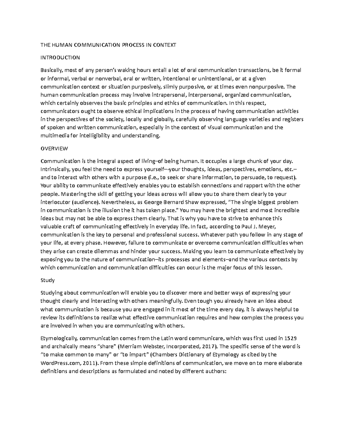 I. THE Human Communication Process IN Context - THE HUMAN COMMUNICATION ...