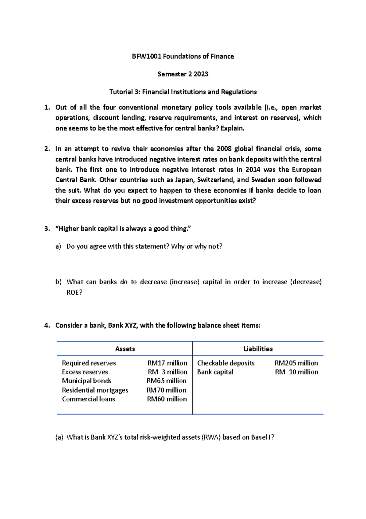 BFW1001 Tutorial 3 Questions - BFW1001 Foundations of Finance Semester ...