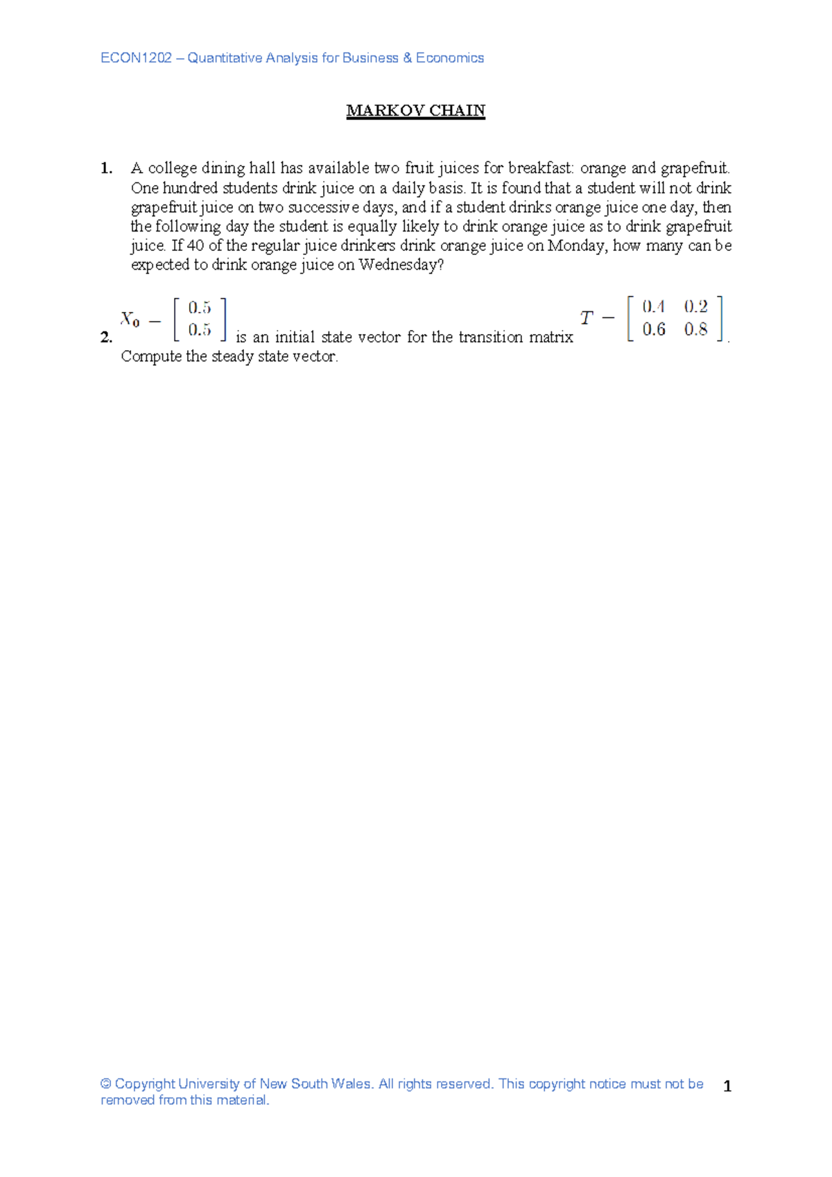 Markov Chain - ECON1202 – Quantitative Analysis for Business ...