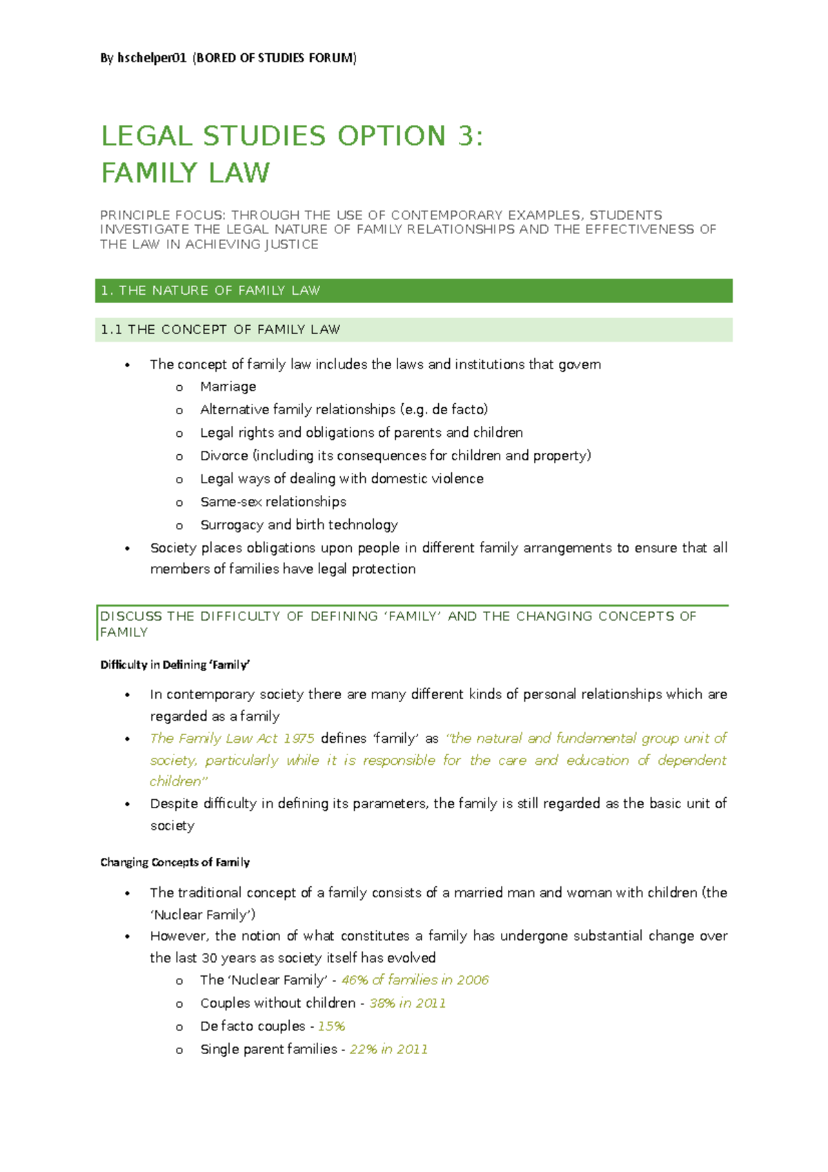 Family Notes - LEGAL STUDIES OPTION 3: FAMILY LAW PRINCIPLE FOCUS ...