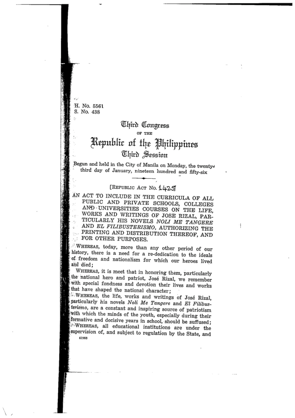 RA-1425 - The Republic Act 1425 or otherwise known as Rizal Law. - Studocu