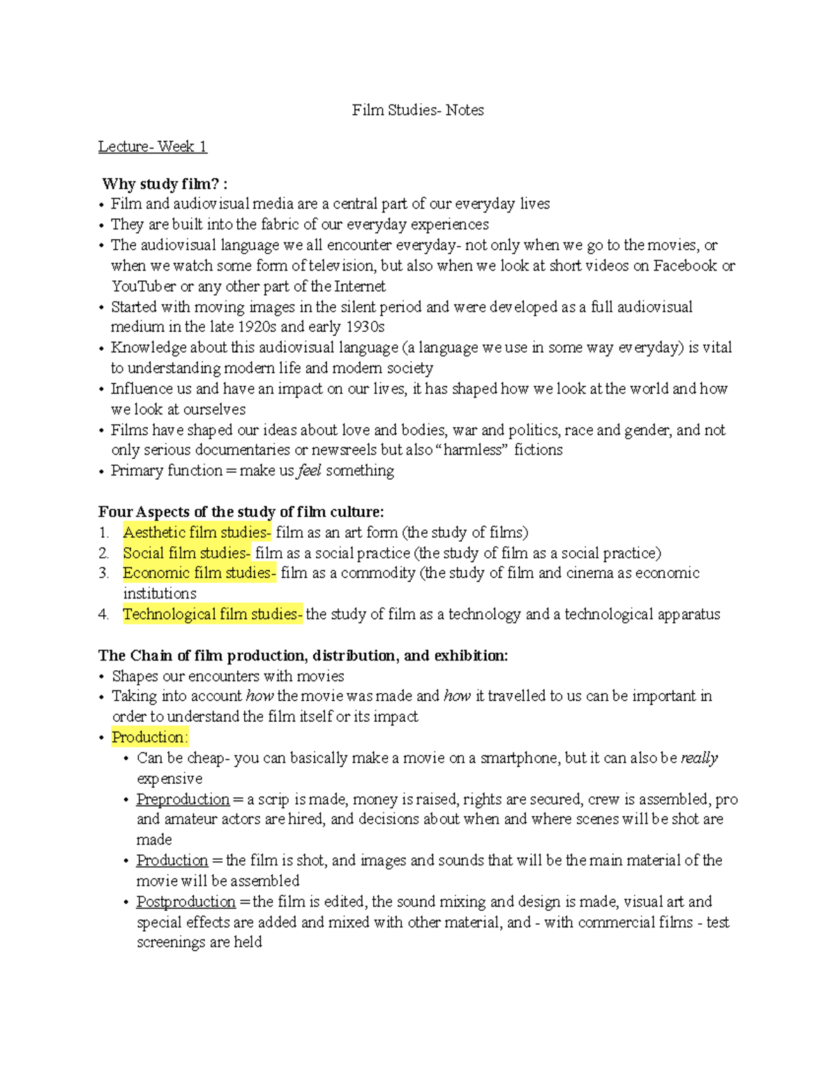 Film Notes - Film Studies- Notes Lecture- Week 1 Why study film? : Film ...