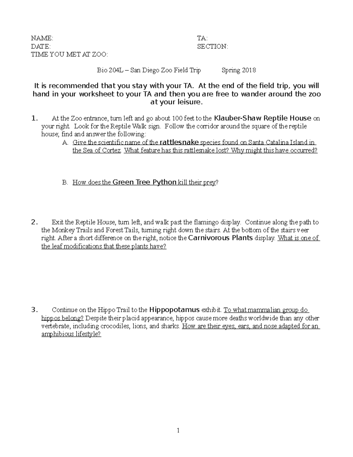 Zoo Handout S2018 - Professor: Dr. Ekdale & Dr. Flores-Renteria - NAME ...