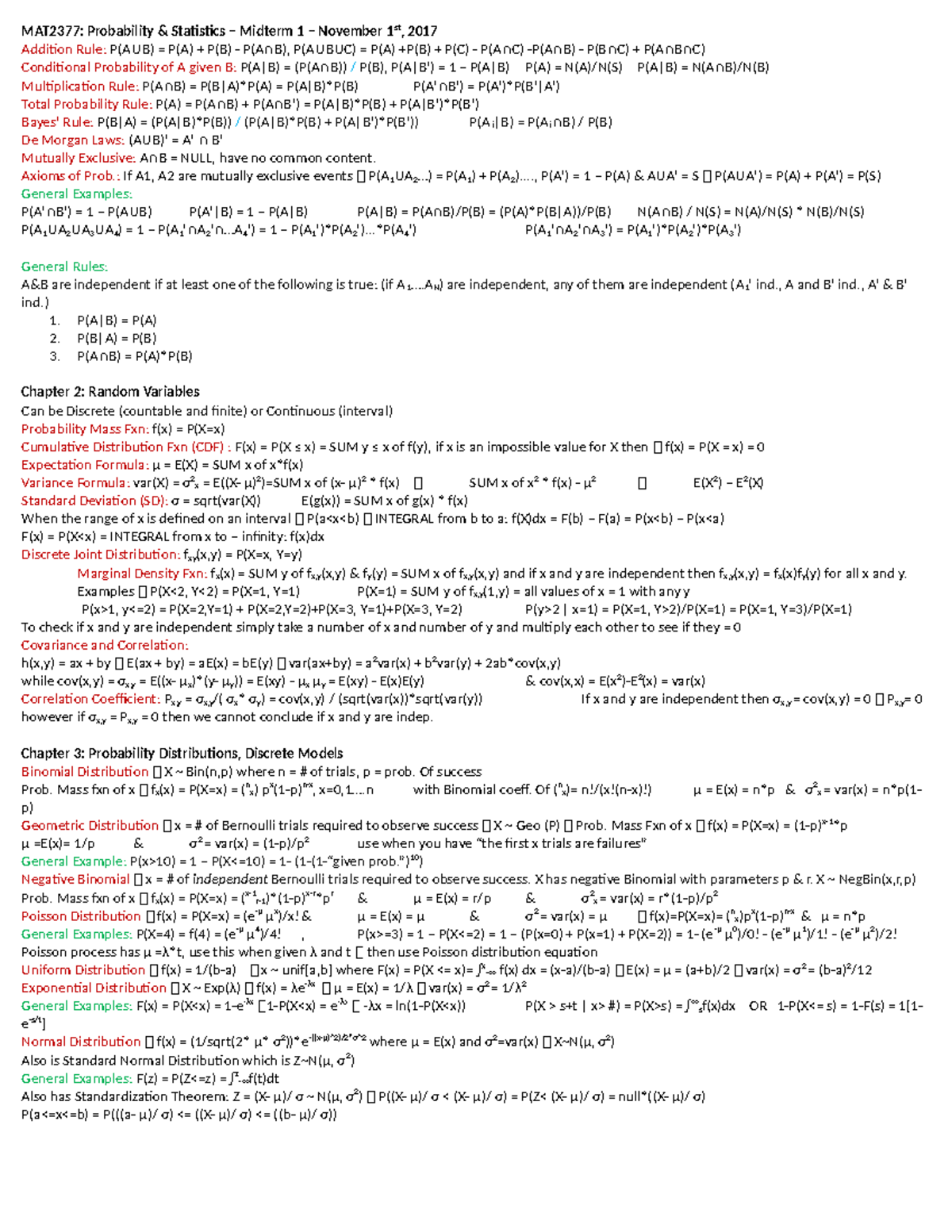 MAT2377 Cheat Sheet for final exam 2019 - MAT2377: Probability & Statistics – Midterm 1 – - Studocu