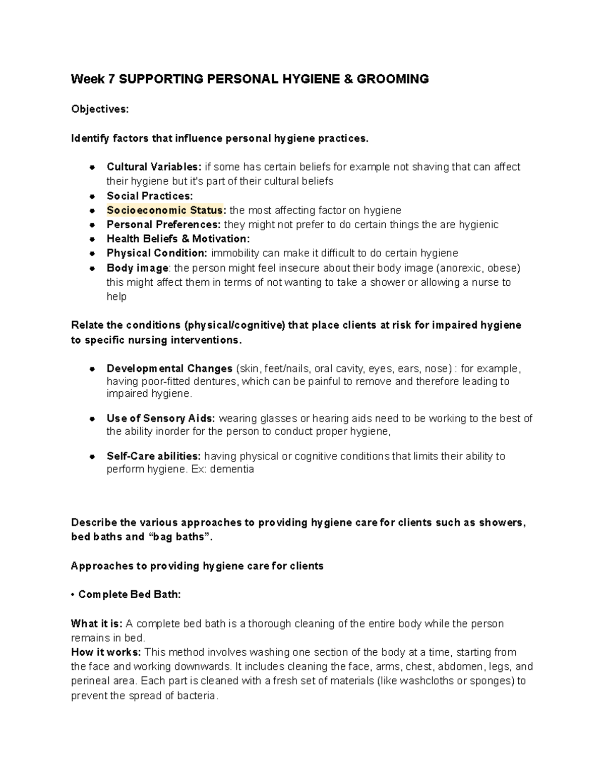 Copy of NSE 111 - Weeks 7-9 notes - Week 7 SUPPORTING PERSONAL HYGIENE ...