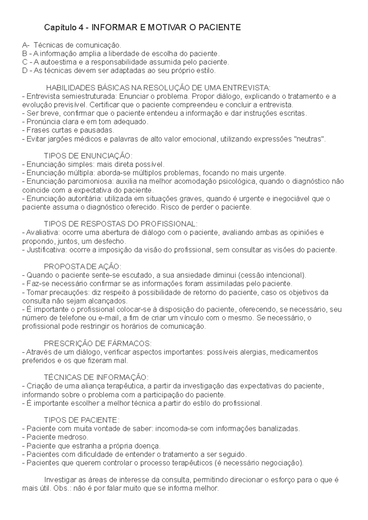 Resumo Cap. 4 - comunicação médico paciente - Capítulo 4 - INFORMAR E ...
