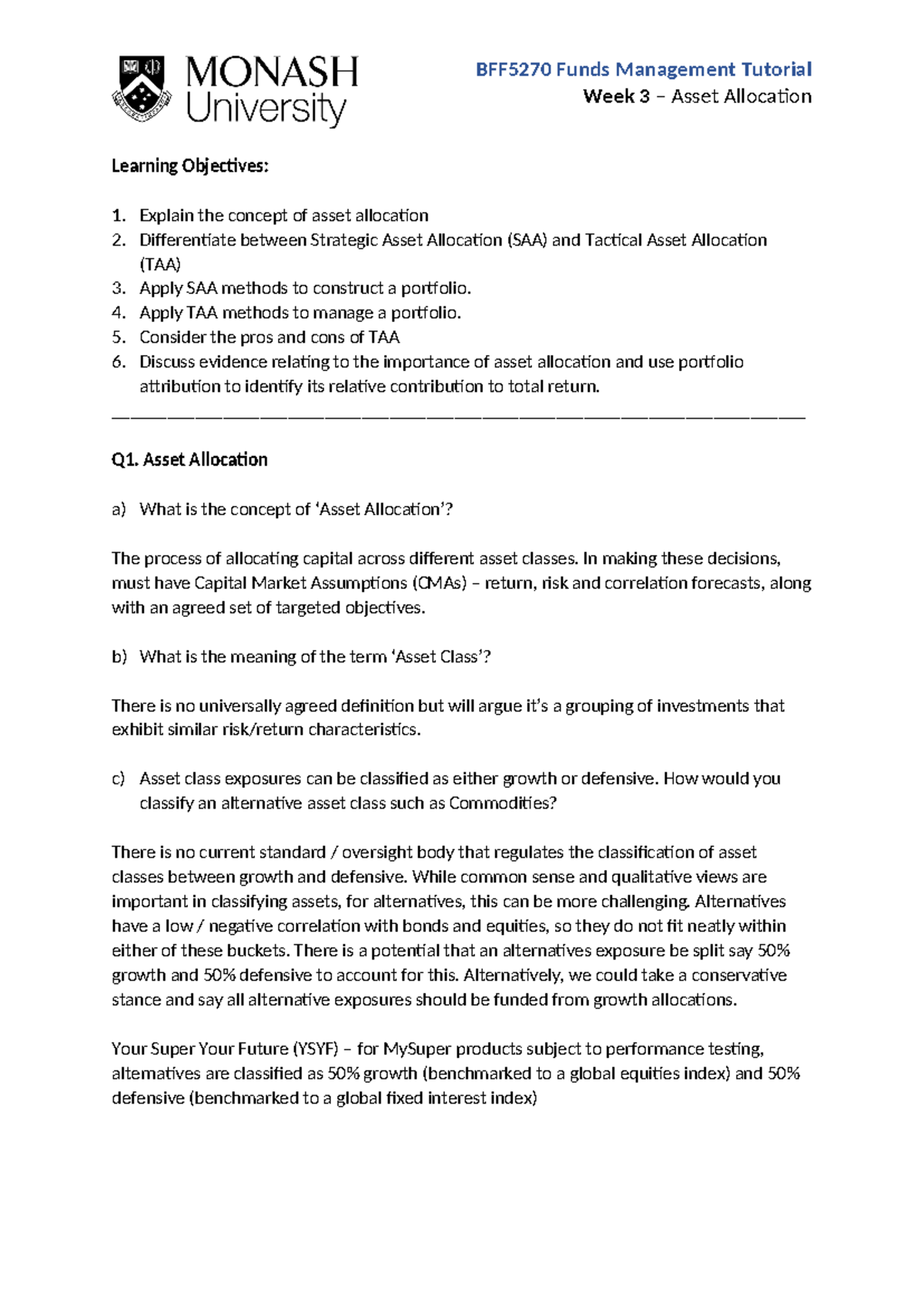 Tutorial 3 Answers S1.24 - Week 3 – Asset Allocation Learning ...