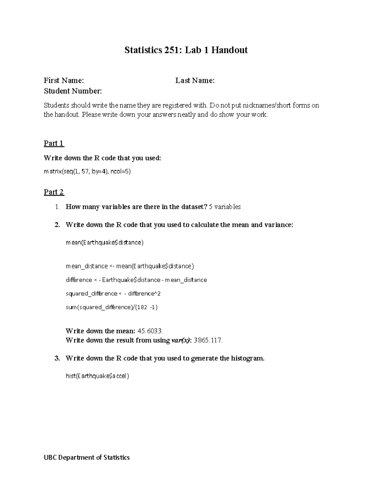 Lab1 v1 handout - Lab 1 - Statistics 251: Lab 1 Handout First Name ...