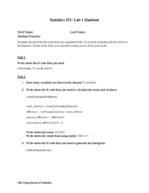 Statistics Formula Sheet - STAT 251 Formula Sheet Mean: x= ∑n i=1xi n ...