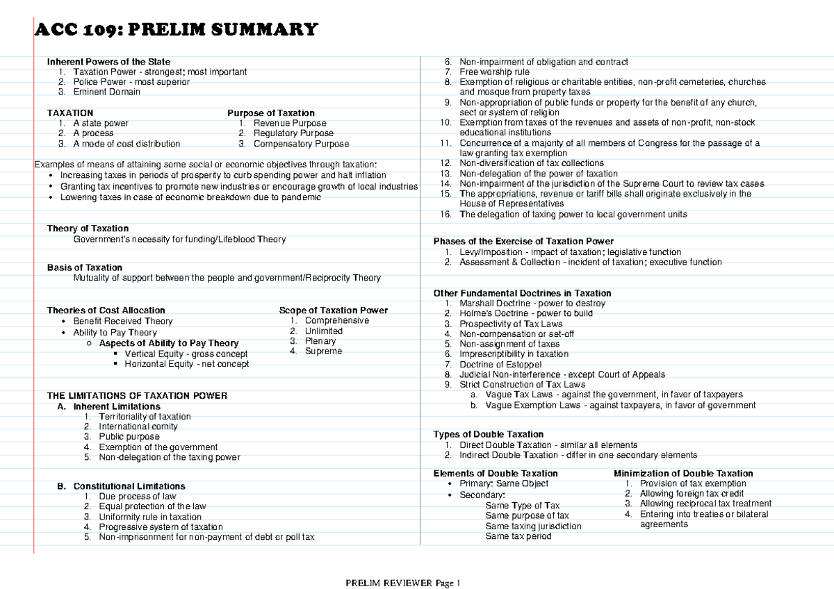 ACC 109 Income Taxation Prelim Reviewer - TAXATION A state power A ...