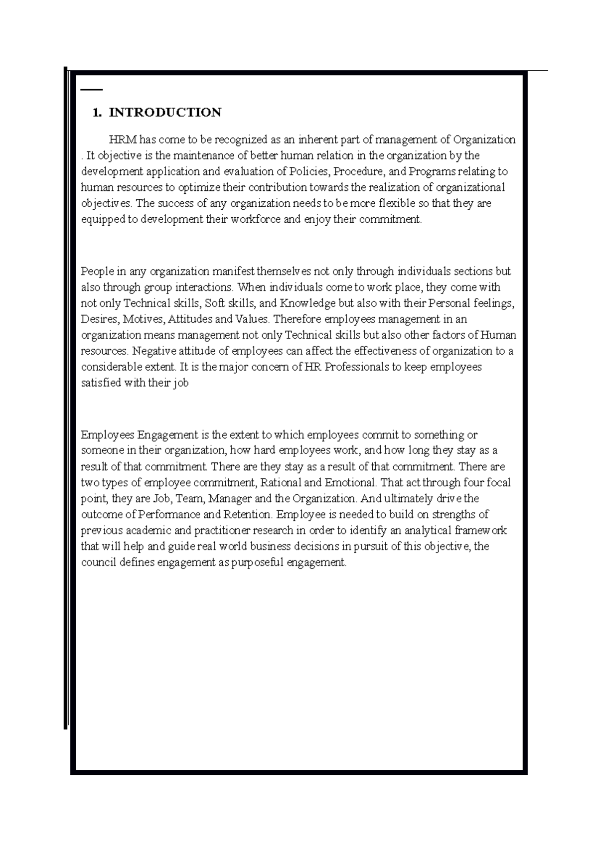 A Study ON Employees Engagement IN Management - 1. INTRODUCTION HRM has ...