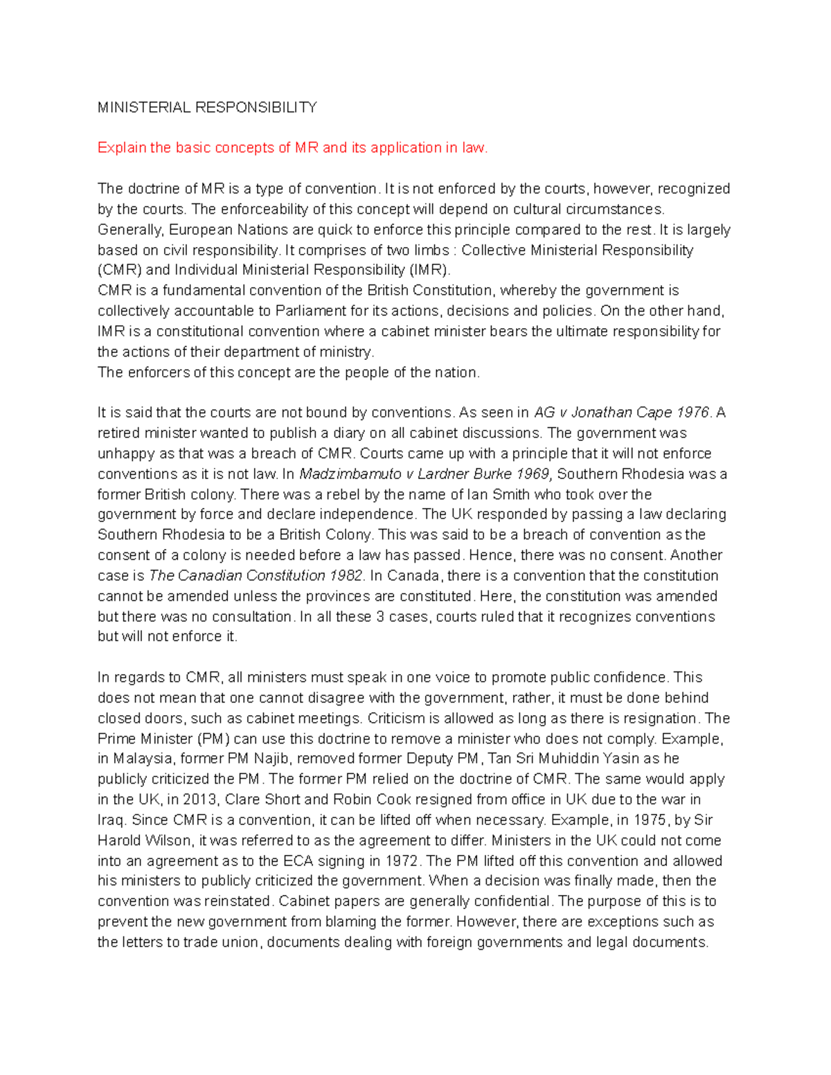 Ministerial Responsibility - MINISTERIAL RESPONSIBILITY Explain the ...